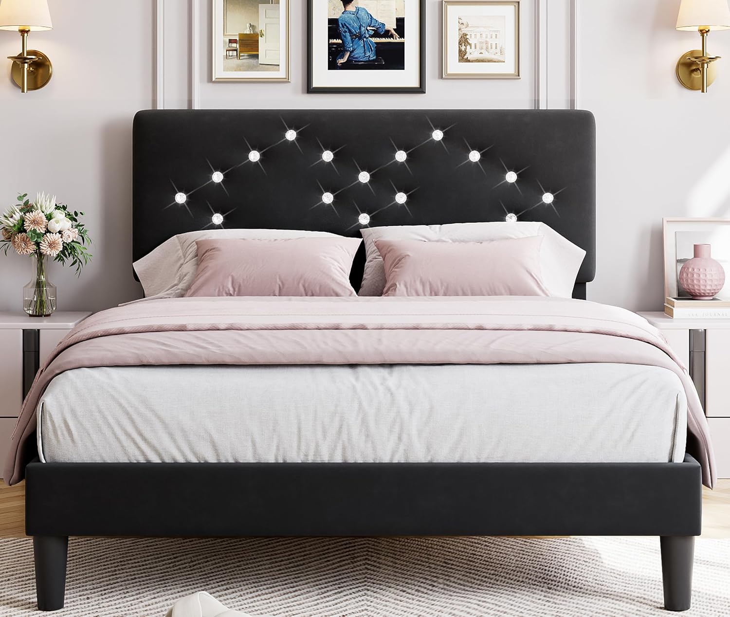 Garvee Full Size Bed Frame with Headboard Crystal Diamond Tufted for ...