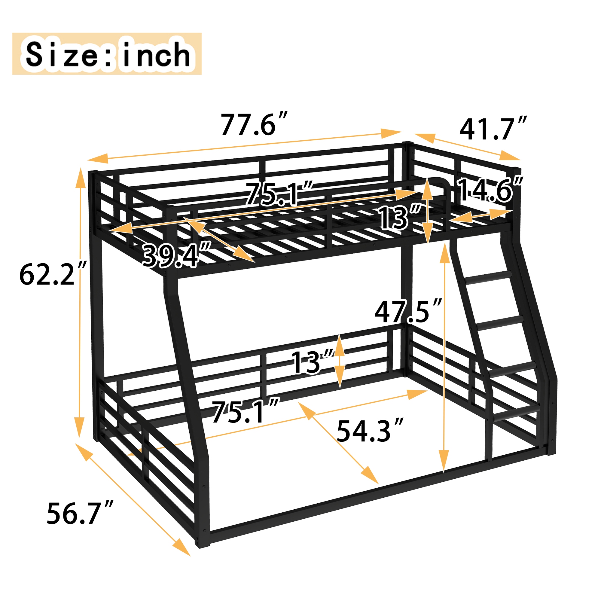 GDFStudio Simba metal bunk bed twin over full floor bunk heavy duty ...