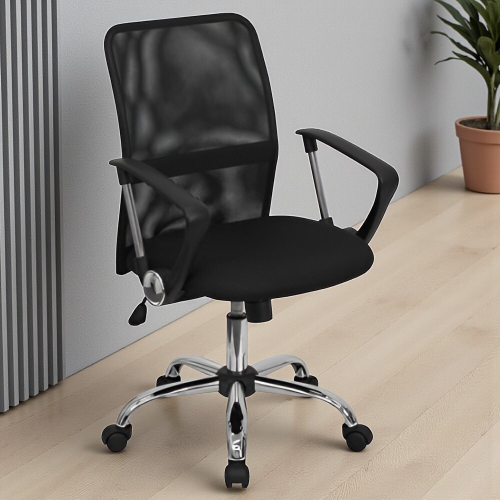 Slickblue 1-Peice Mid-Back Mesh Chair - Black Chrome Modern Ergonomic ...