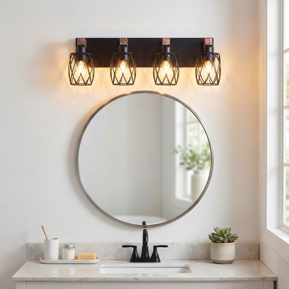 Basdien 24 in Black Industrial Vintage 4 Light Wall Sconce with Rustic ...