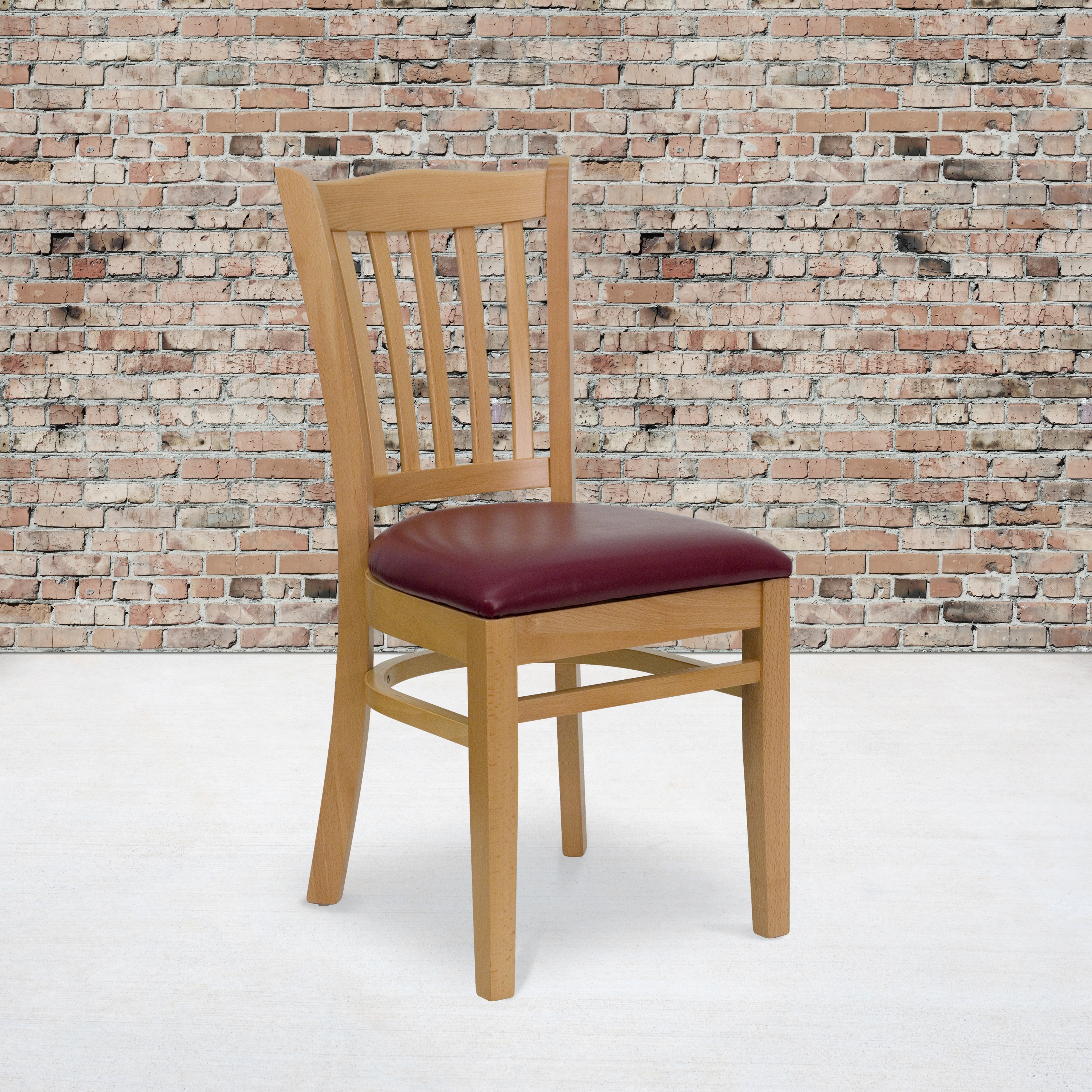 Emma + Oliver Vertical Slat Back Natural Wood Chair; Burgundy Vinyl ...