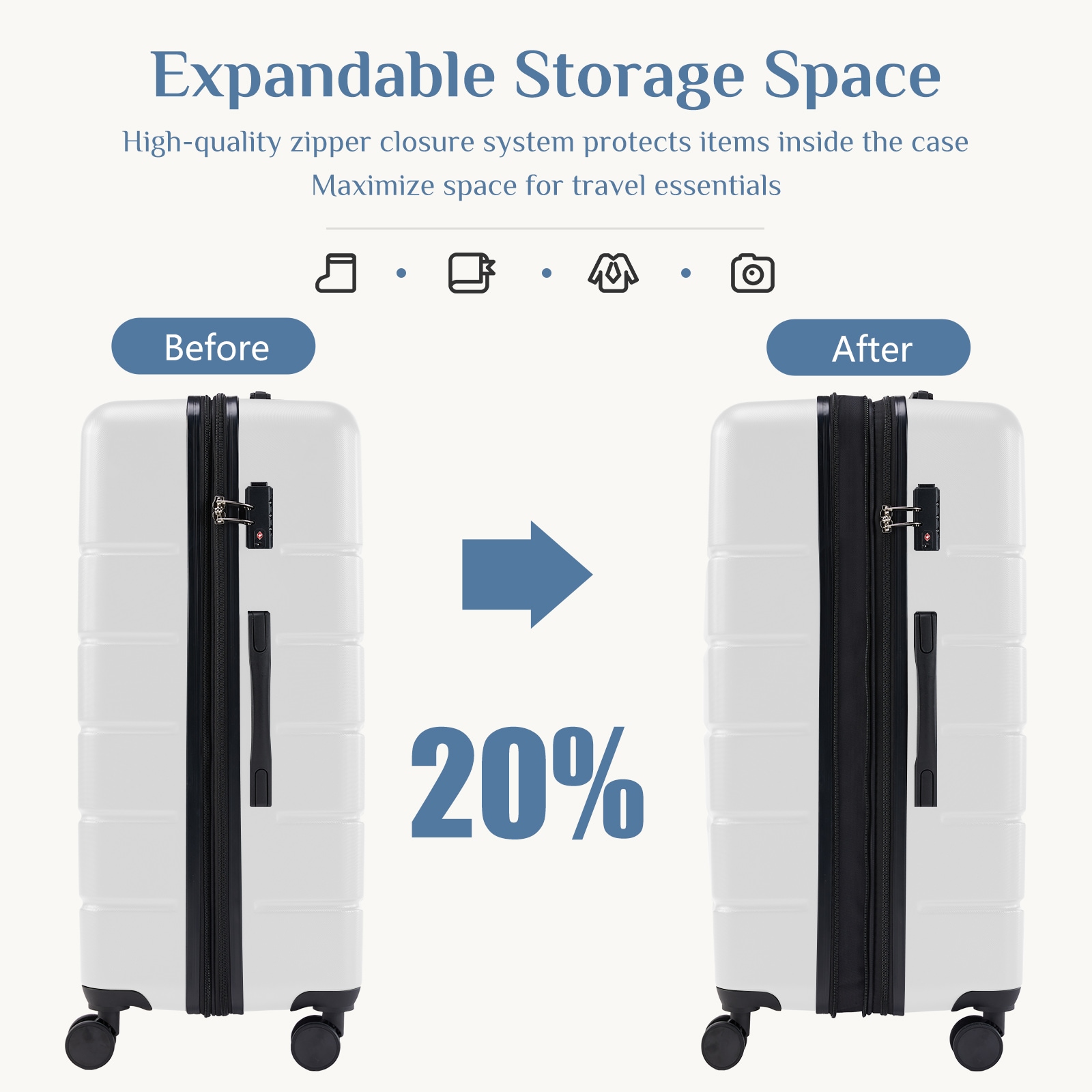 OOU 24 Inch Hardside Luggage White Hard Shell Expandable Suitcase with ...