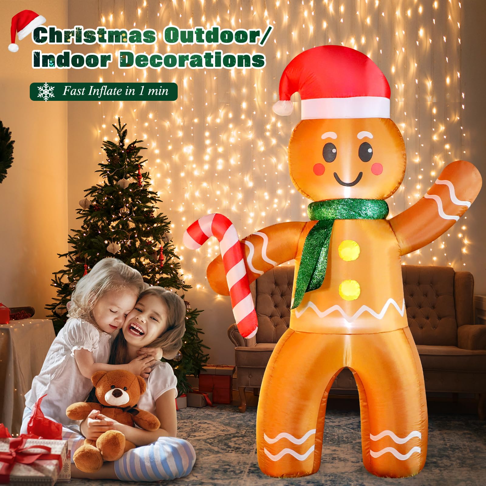 Etokfoks 6 Foot Inflatable Gingerbread Man with Candy Cane Built In LED ...