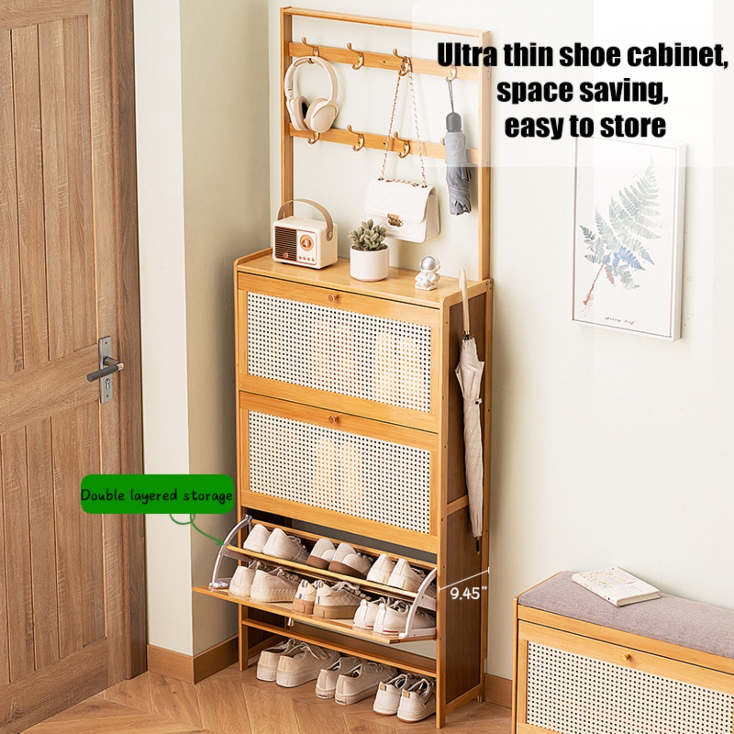 Tatayosi Shoe Cabinet with 3 Rattan Flip Drawers Bamboo Shoe Storage ...