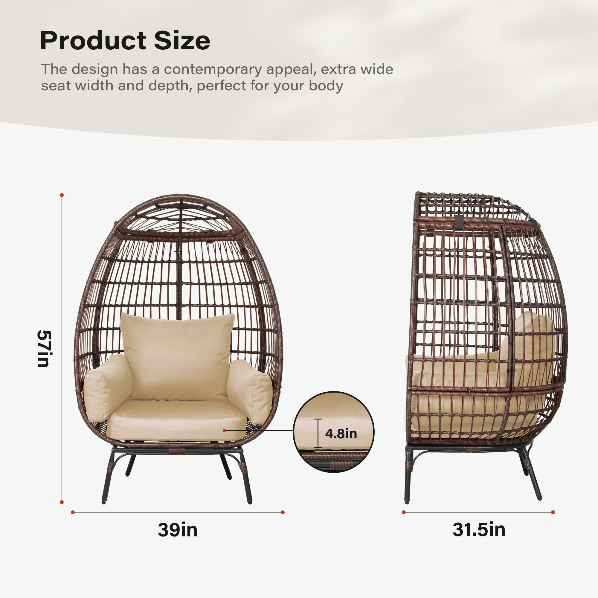 Egg Chair Set of 2 Wicker Brown Rattan Frame Stationary Egg Chair with ...