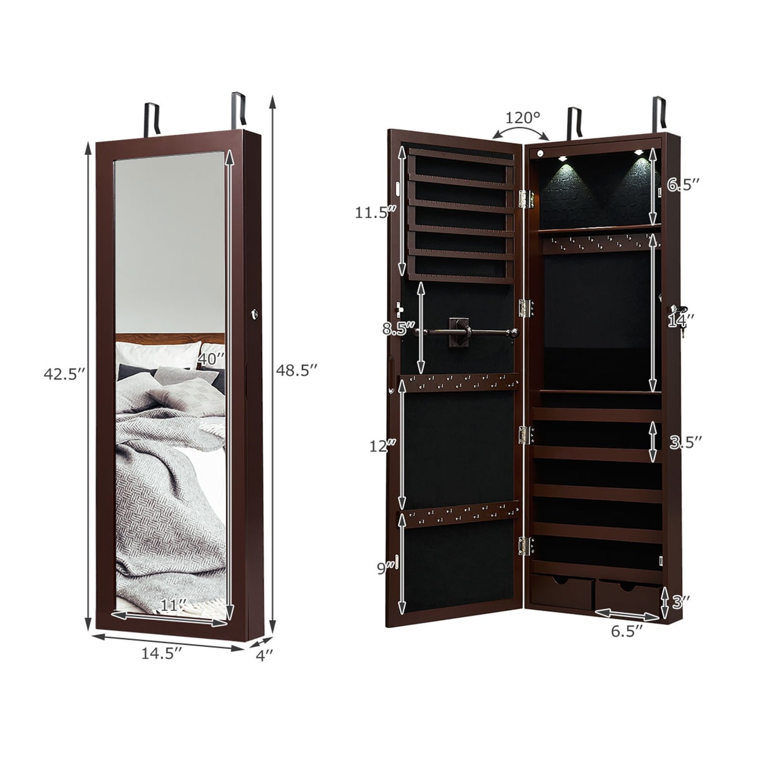 Costway Wall Mount Mirrored Jewelry Cabinet Organizer LED Lights in the ...