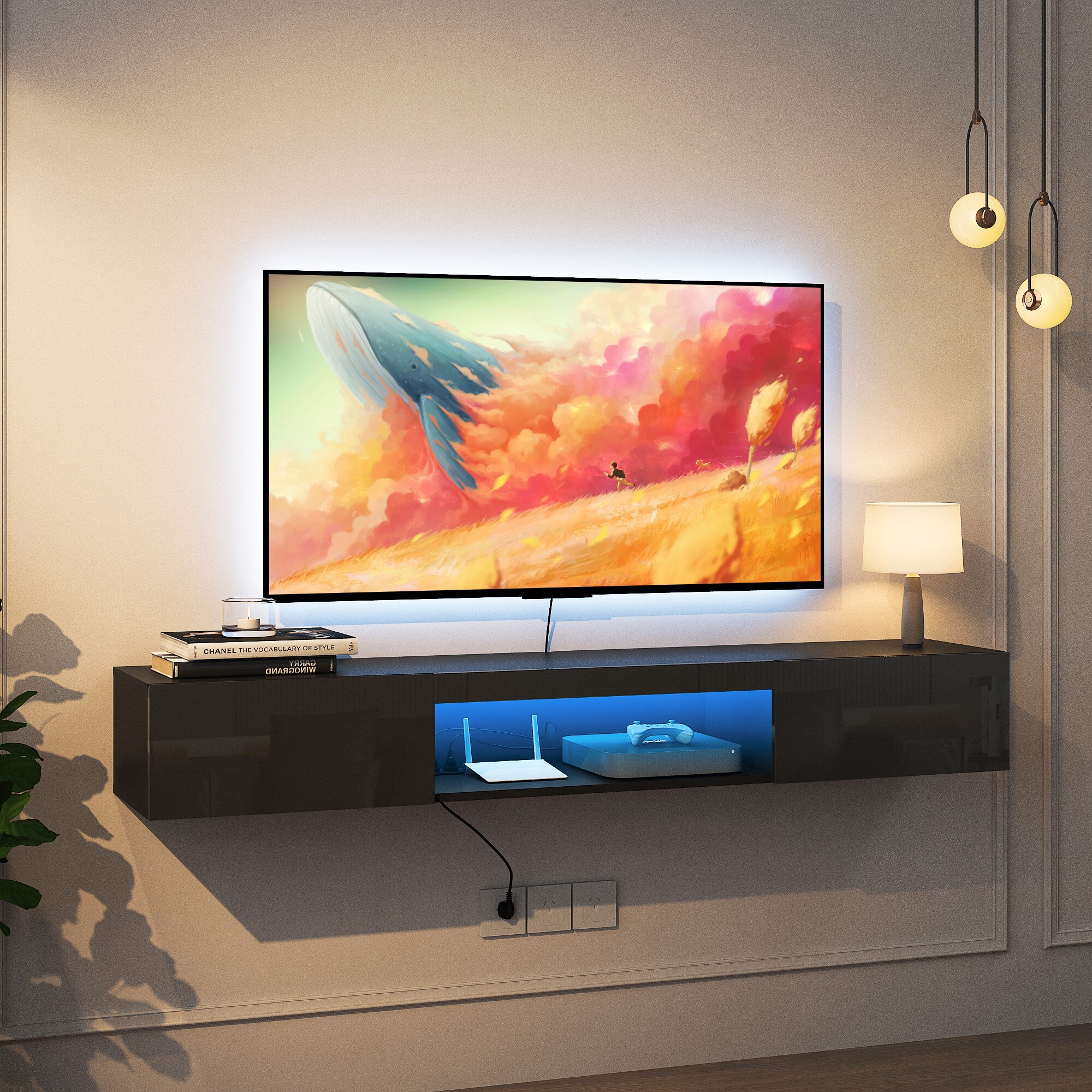 LOVMOR Floating TV Stand Wall Mounted with 16 Color LEDs 63in Modern TV ...