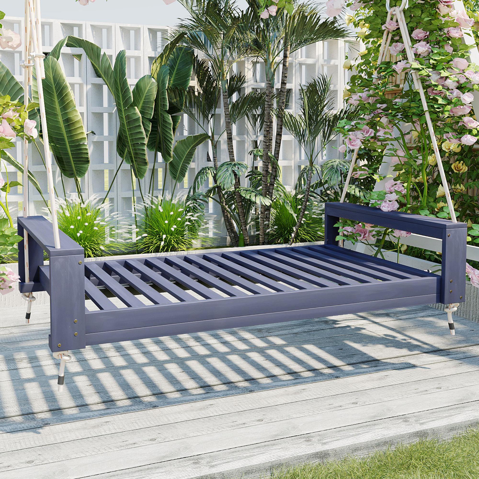 Watnature Porch Swing Bed Rustic Acacia Wood Twin Size Slate Gray ...