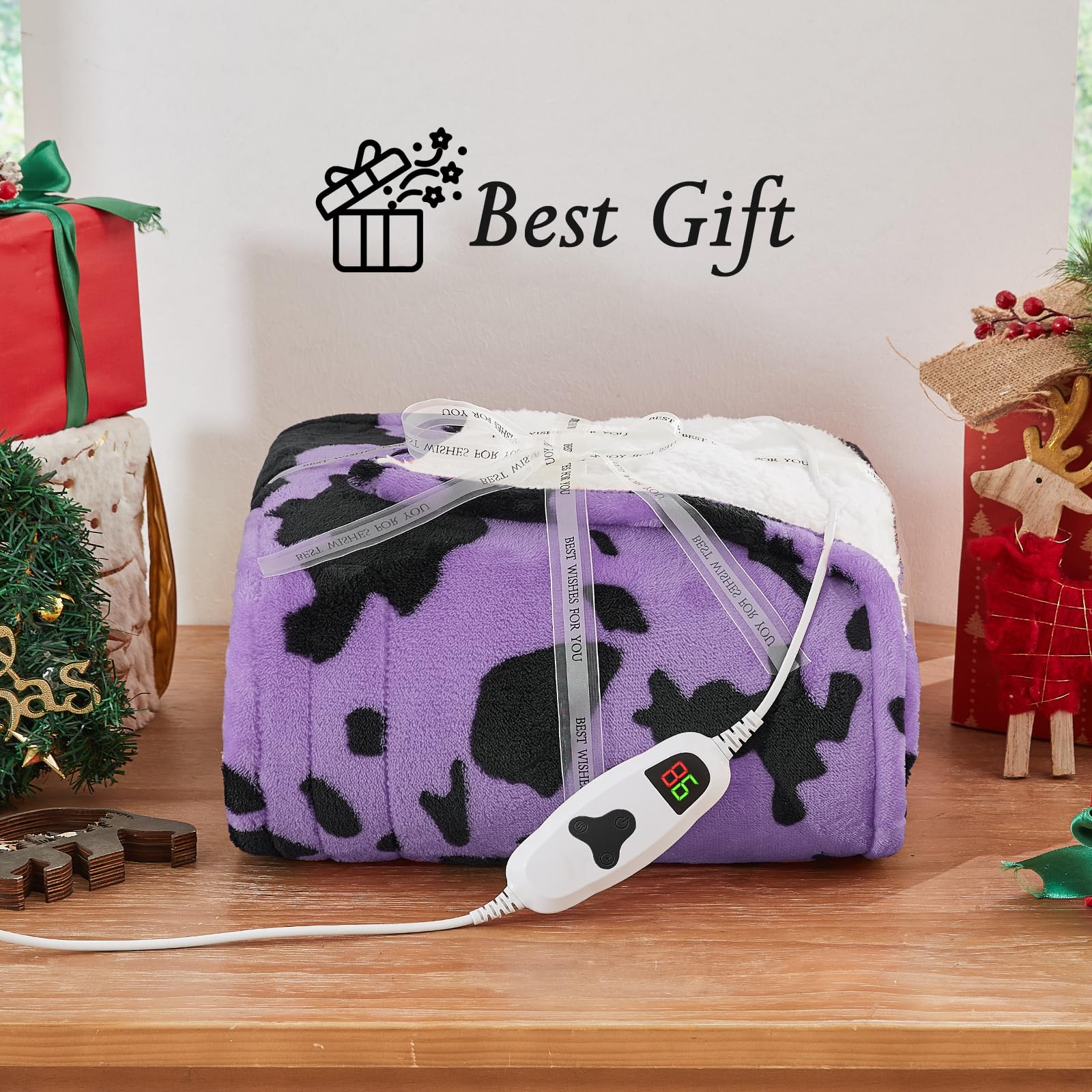 Etokfoks Cow Print Heated Blanket Queen Size 84x90 Inch Dual Control 10 ...