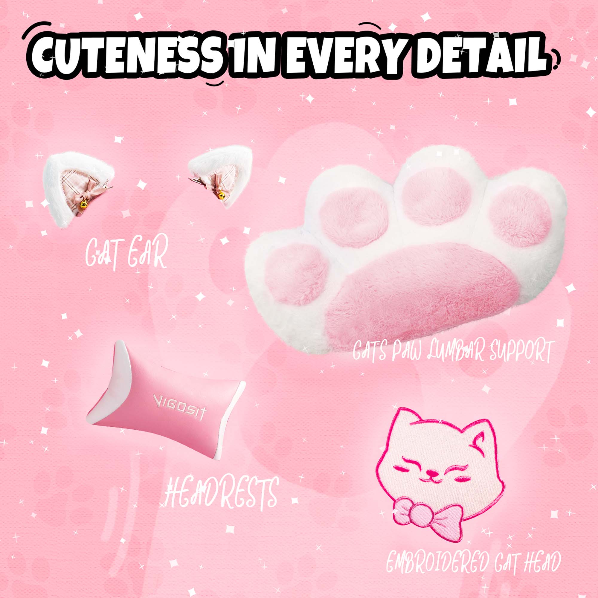 Pink Cute Cat Adjustable Height Swivel Gaming Chair Computer Chair with ...