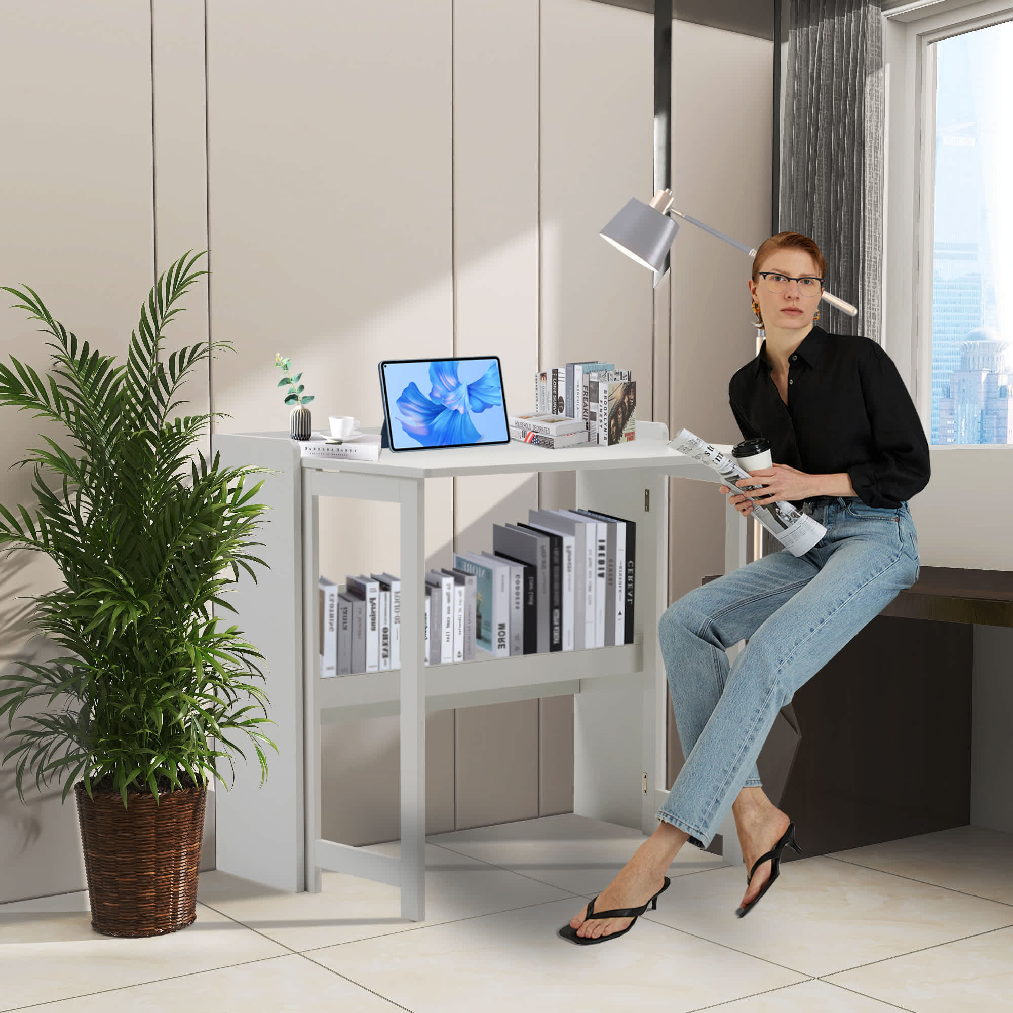 Etokfoks 32.6 Inch Folding Table with Storage Shelf Space Saving ...