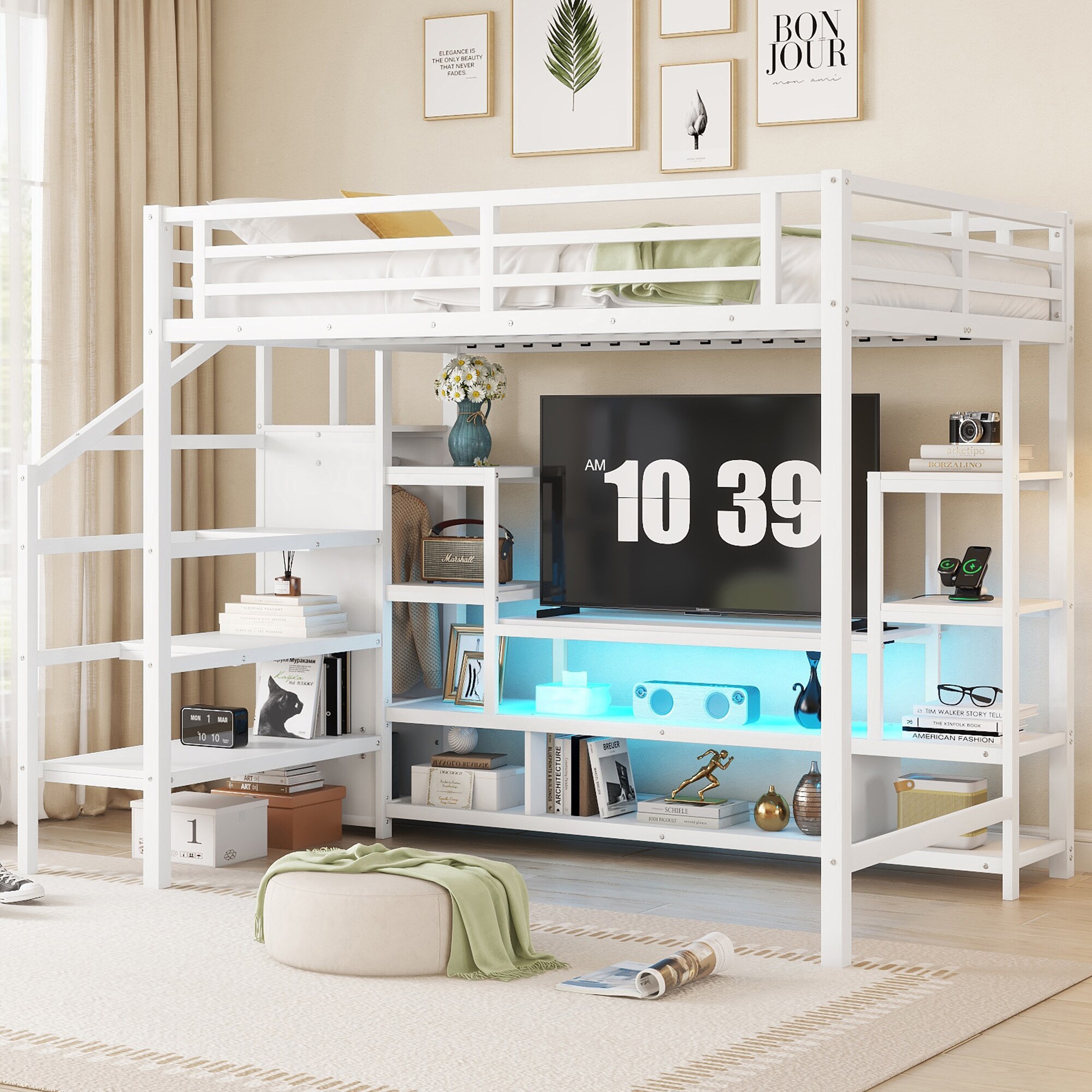 LUXEYARD Full Size Metal Loft Bed with TV Cabinet Metal Loft Bed with ...