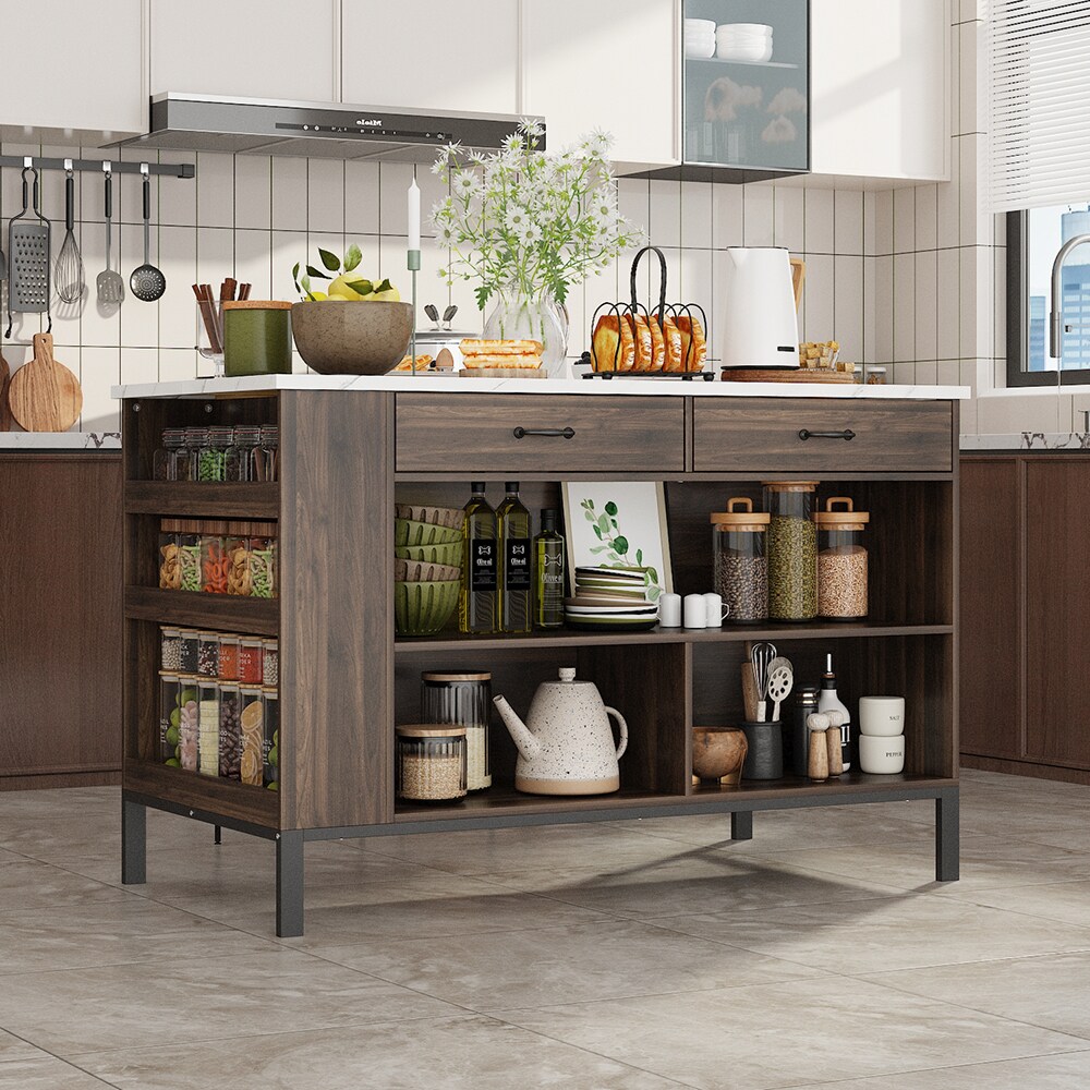 FUFU&GAGA Brown MDF Base with MDF Kitchen Island ( 30-in x 55.1-in x 36 ...