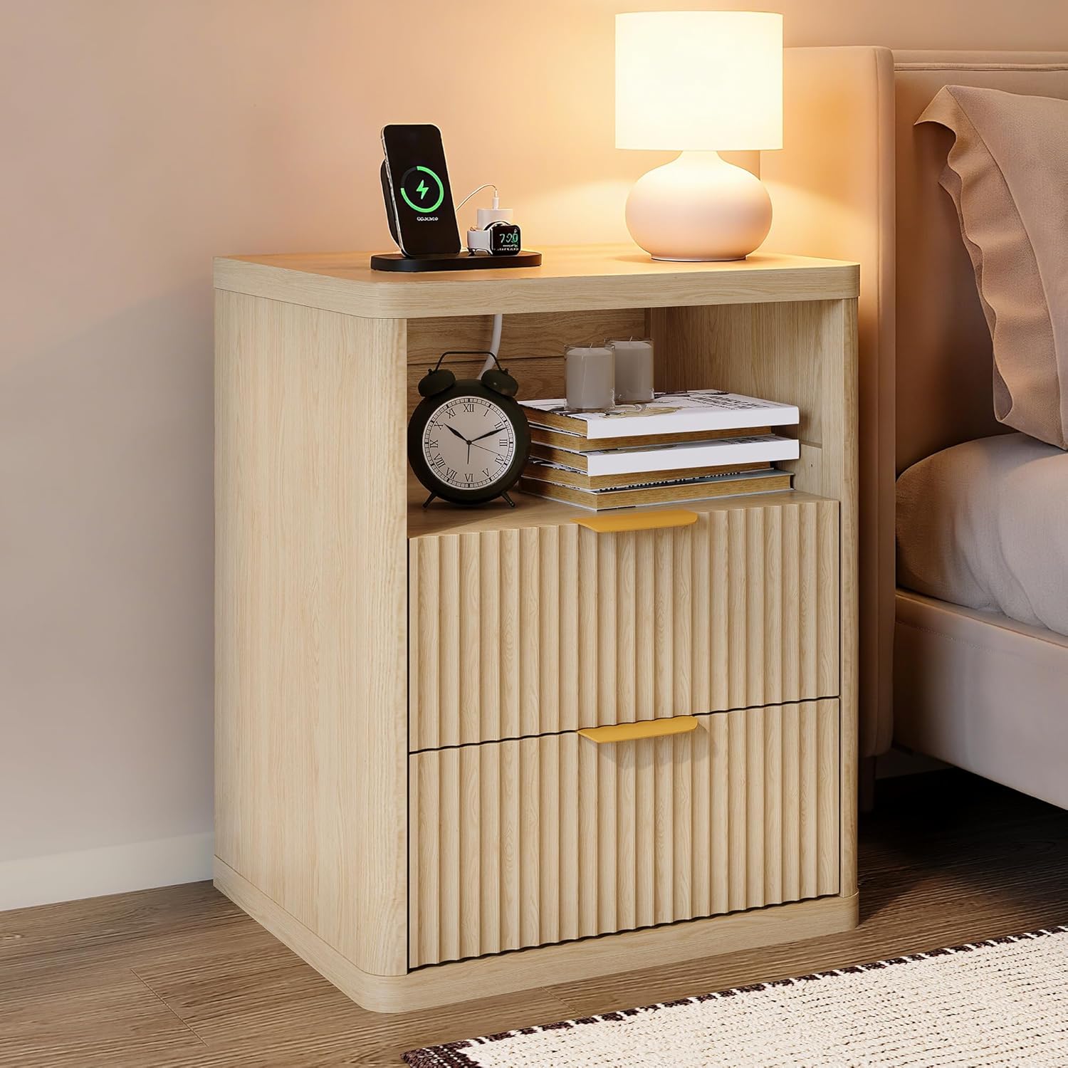 Garvee Set of 1 Fluted Nightstands with Charging Station 2 Drawers Open ...