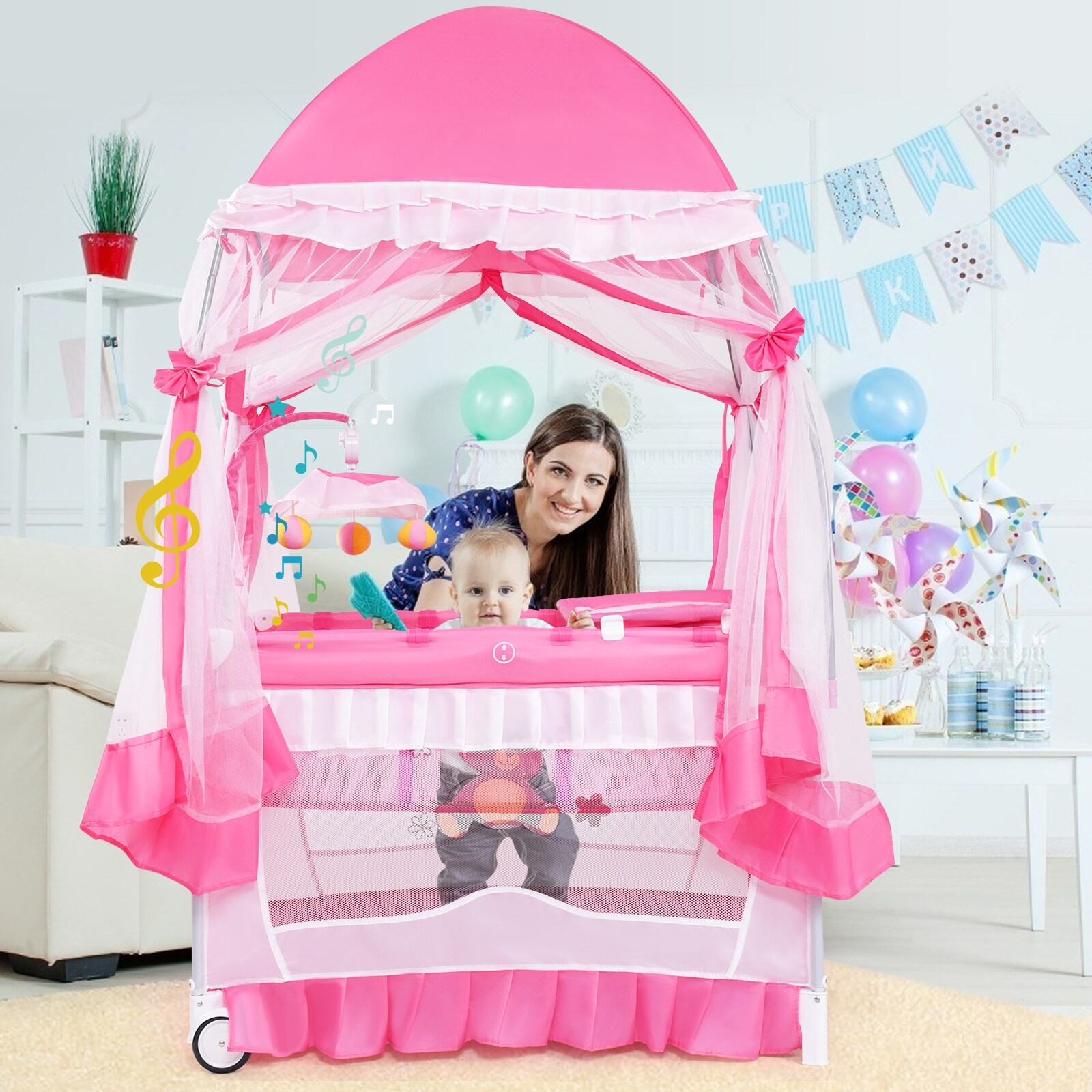 Slickblue Pink Foldable Baby Playard Crib with Mesh Canopy Wheels and ...