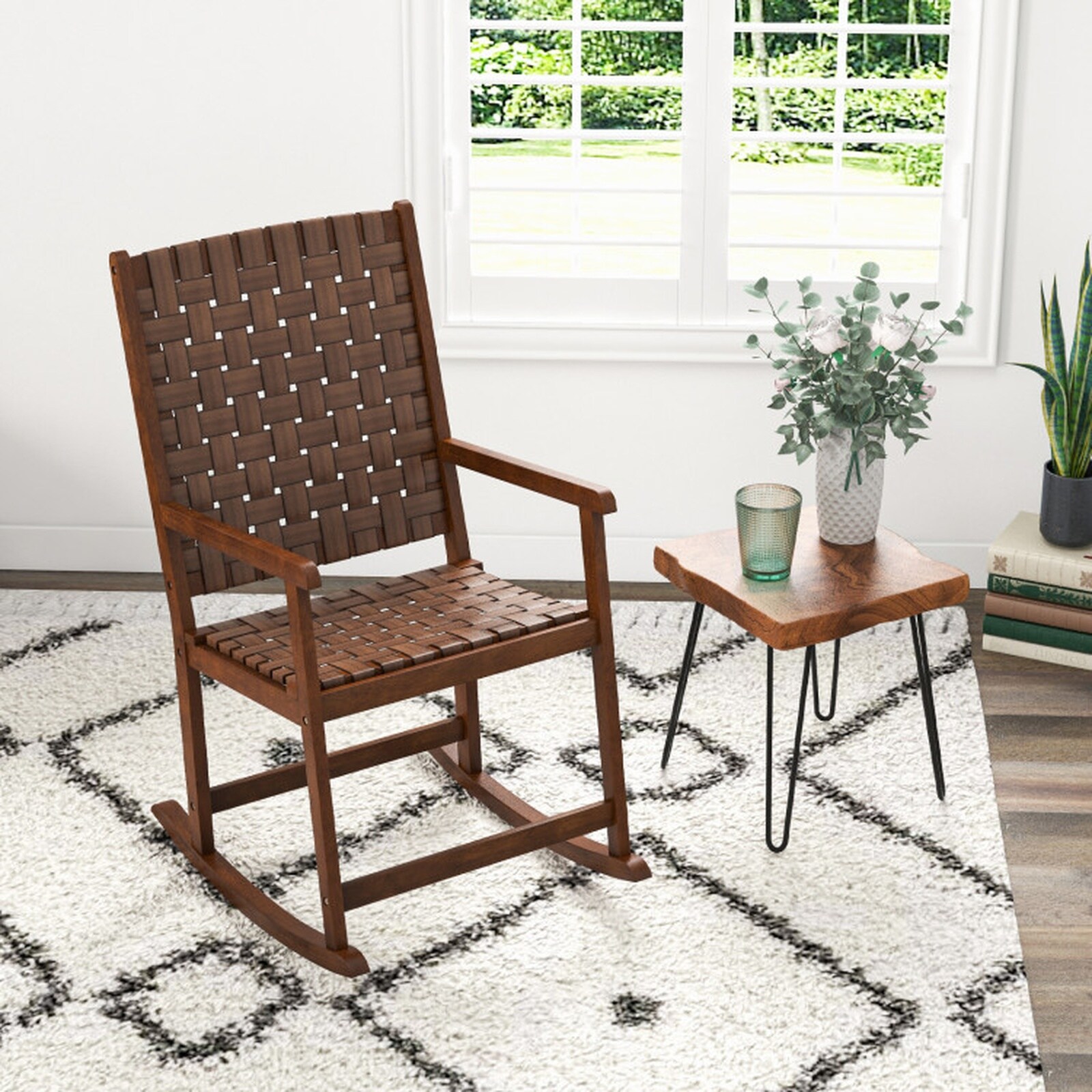 SUGIFT Brown Patio Rubber Wood Rocking Chair with PU Leather Woven Seat ...