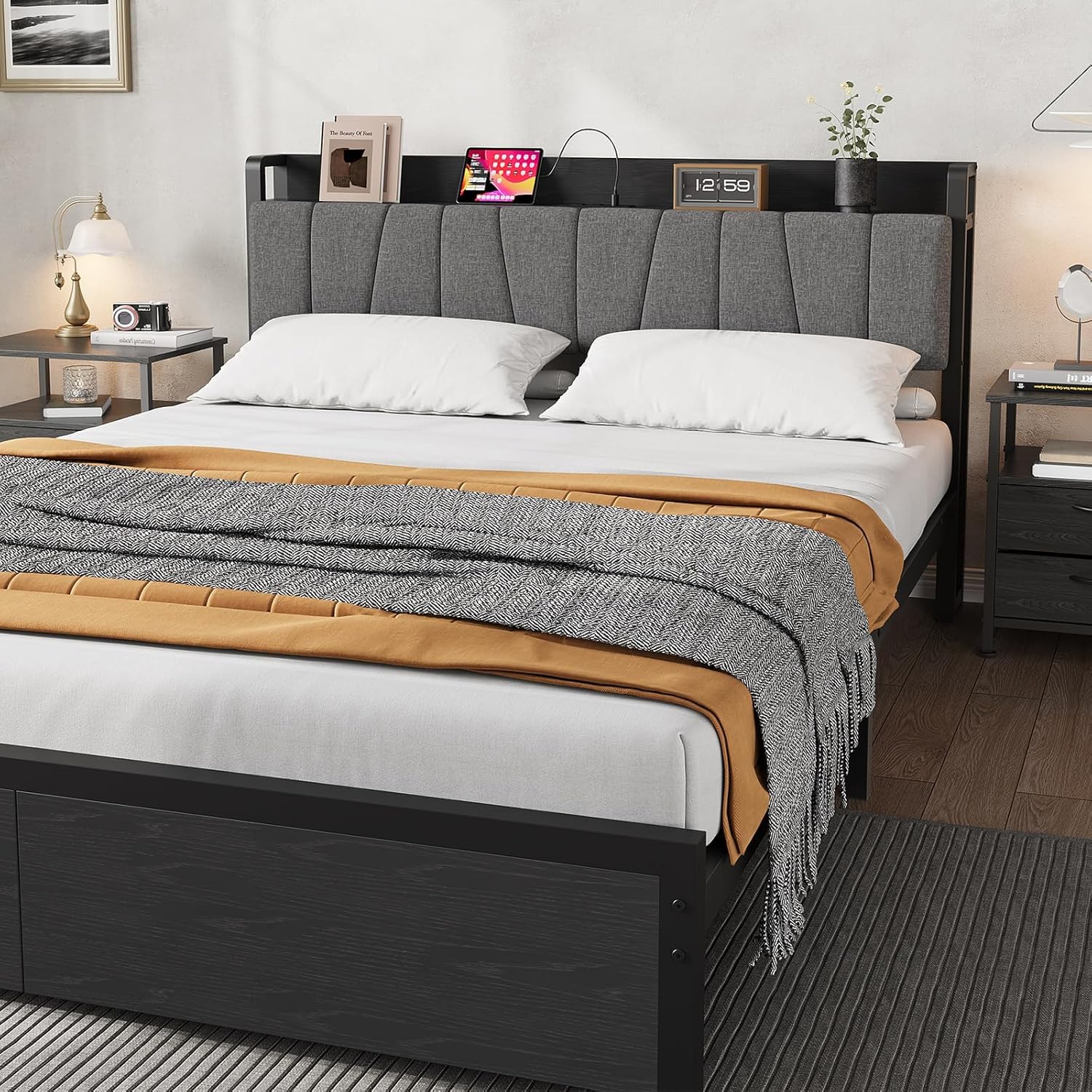 Garvee Full Size Wooden Platform Bed Frame with Headboard Slat Support ...