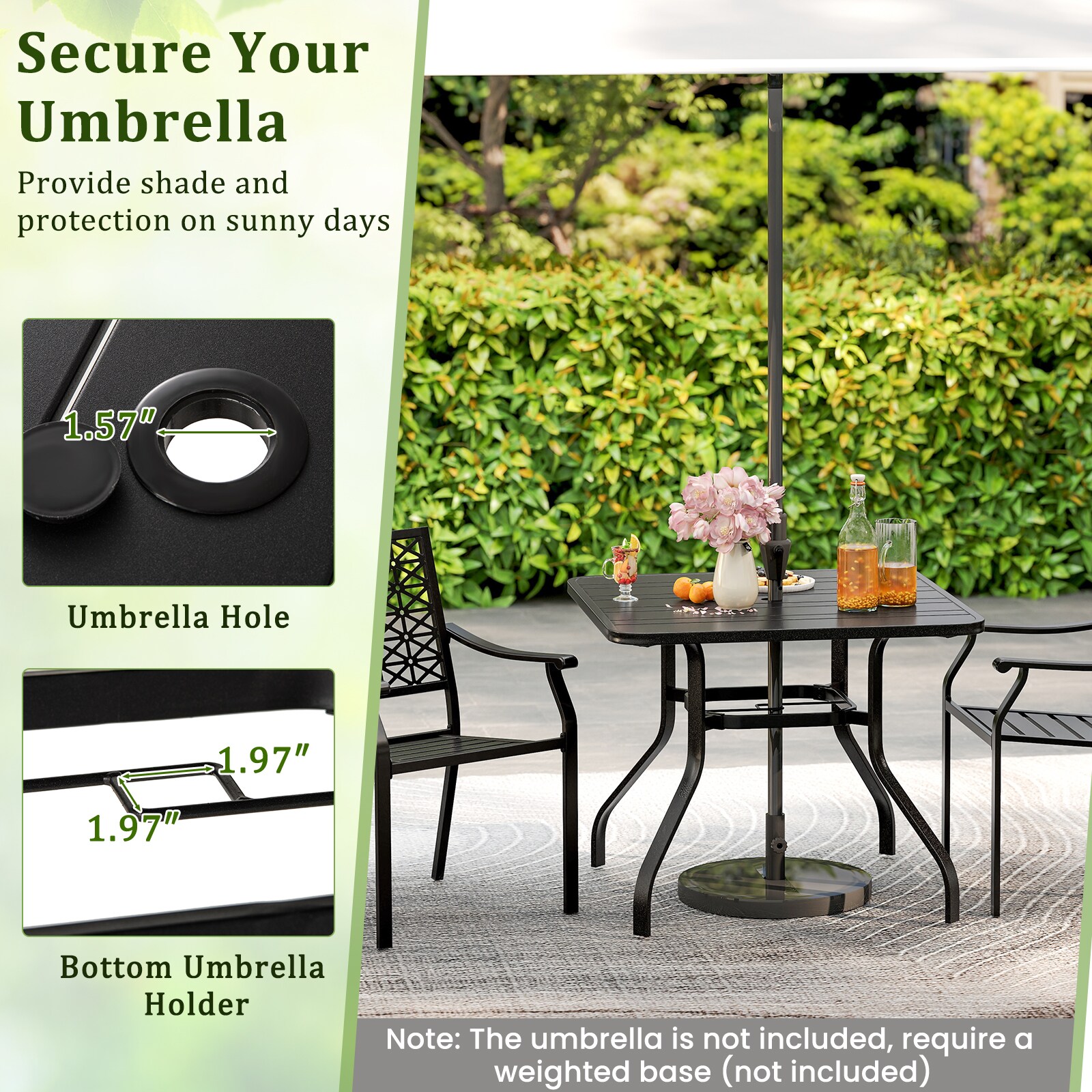 Slickblue Square Steel Dining Table with Umbrella Hole Slatted Top and ...
