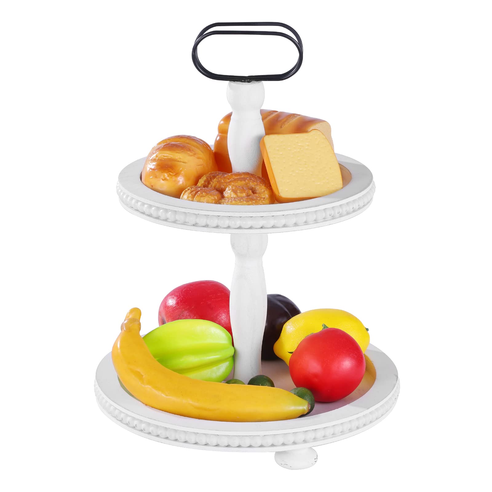 Aoibox Two Tier Retro White Farmhouse Wood Cake Stand with Metal Handle ...