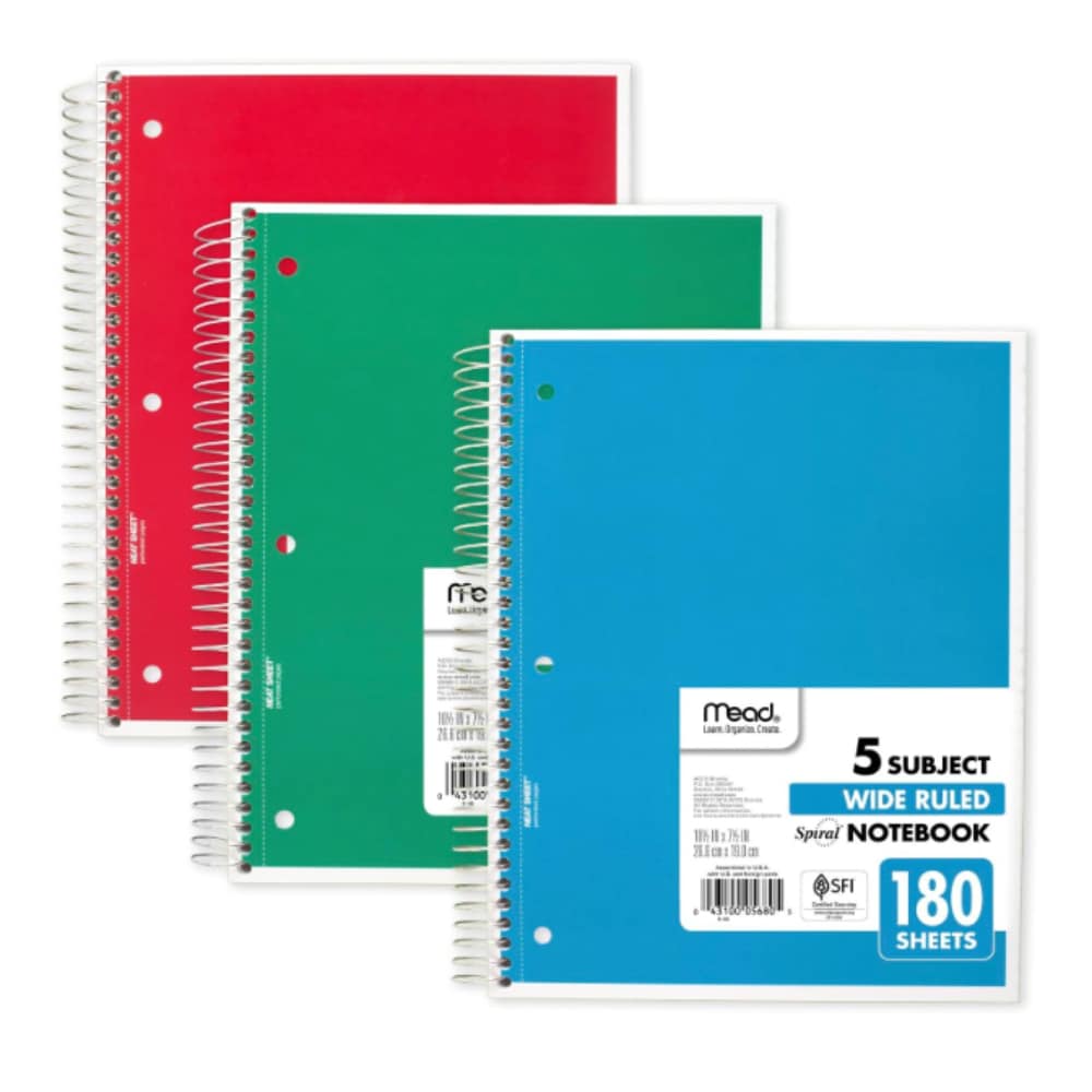 Mead 8 in x 10-1/2 in Wide Ruled 5 Subject Spiral Notebook 180 Sheets ...