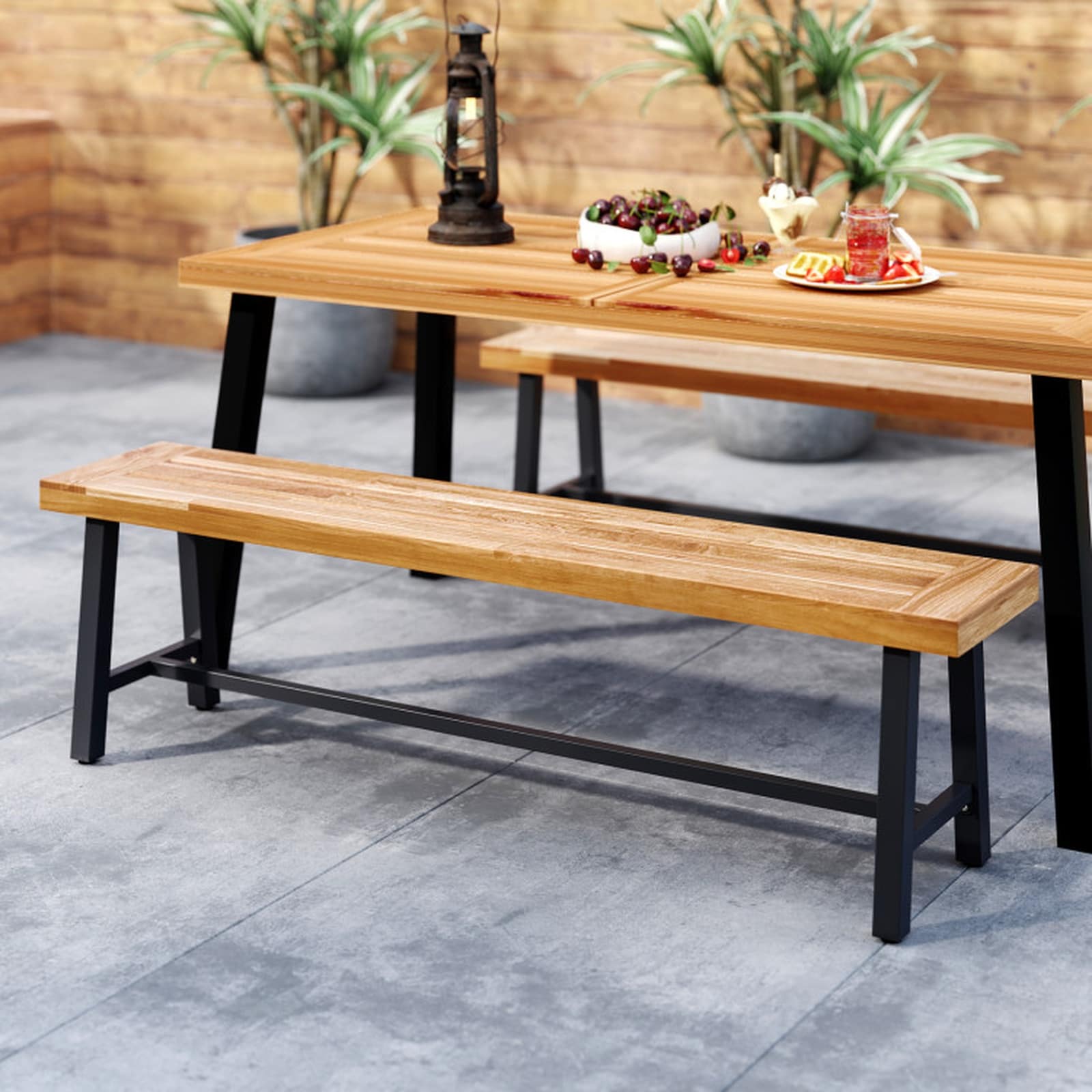 SUGIFT Multi-Purpose 63-in 3-Person Acacia Patio Wood Outdoor Backless ...