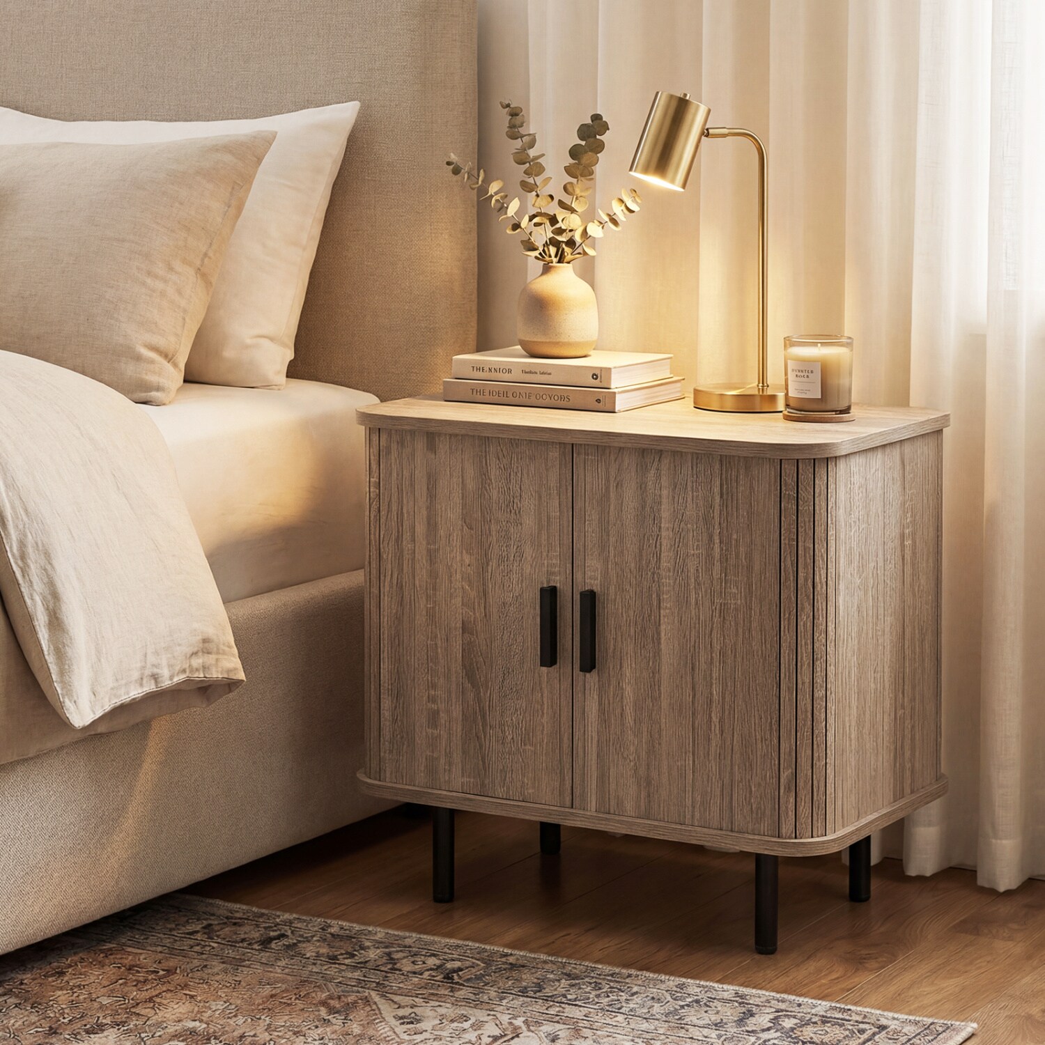 Slickblue Black/Natural Engineered Wood Nightstand with Open Shelf ...