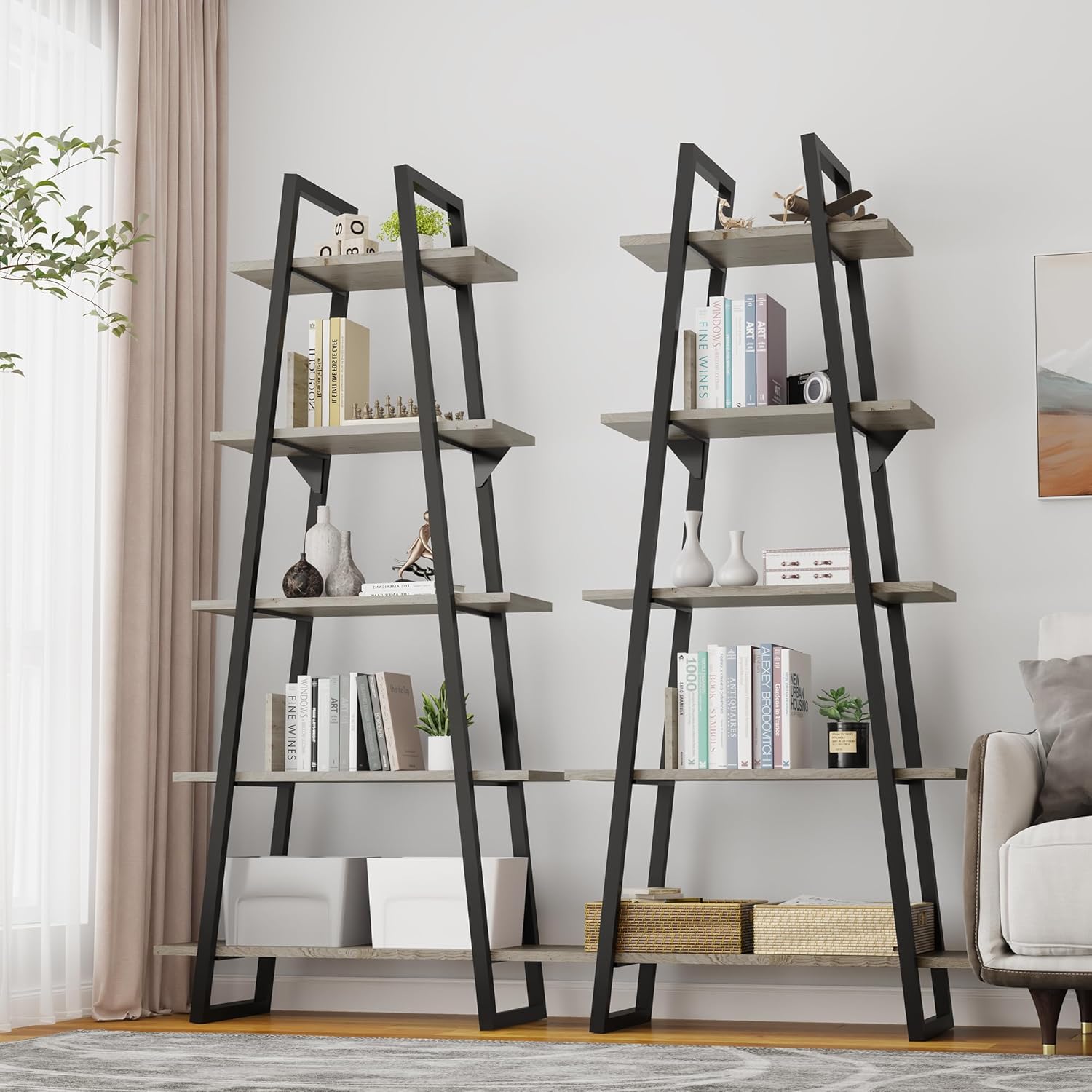 Qeetex 5-Tier Light Yellow Wood Grain HS Ladder Cardboard Bookshelf ...