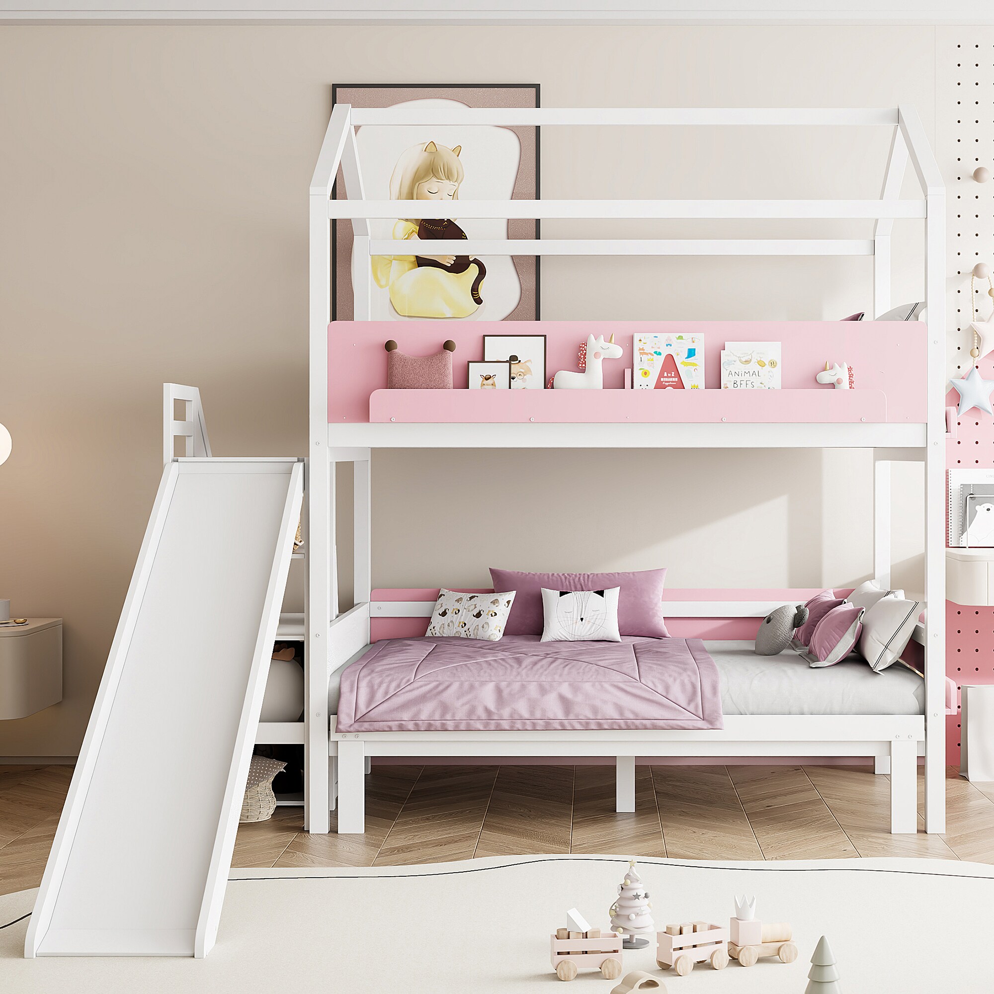 GDFStudio House Shaped Wooden Bunk Bed with Slide and Storage Staircase ...