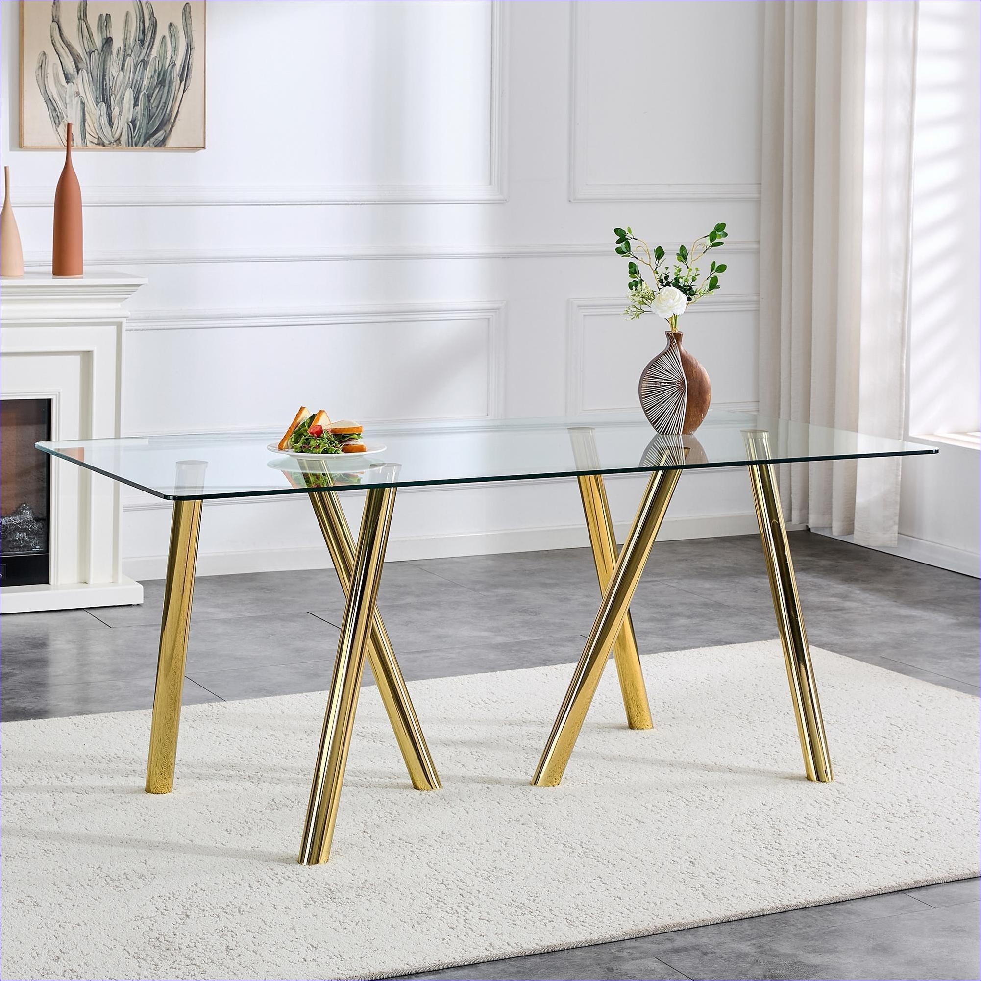 Watnature Tempered Glass Top Gold-Tone Metal Base Contemporary Glam ...