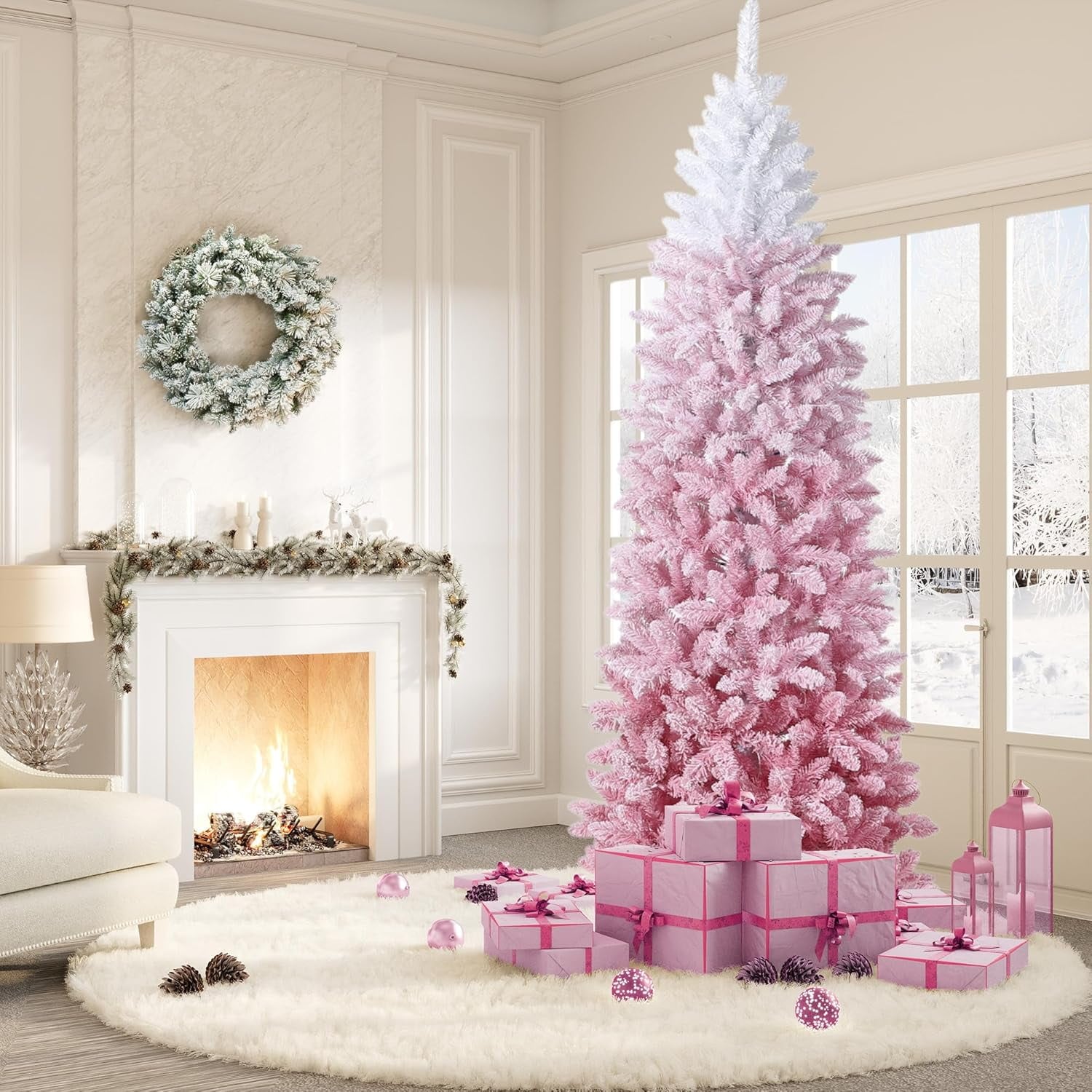 GAOMON 9Ft Slim Pencil Artificial Christmas Tree- Snow Flocked Hinged ...