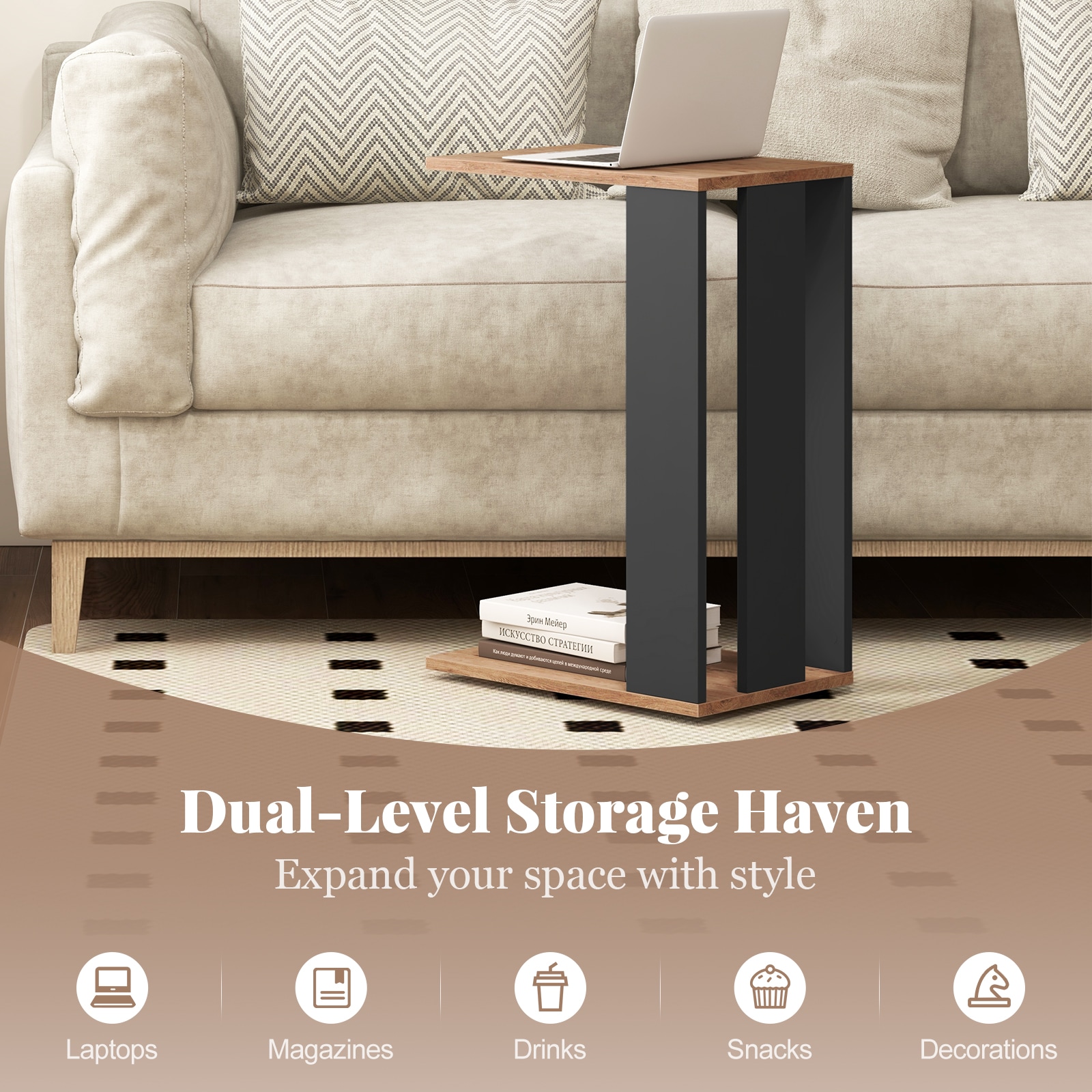 Volenca 2-Tier C-Shaped Engineered Wood Side Table 44-lb Capacity with ...