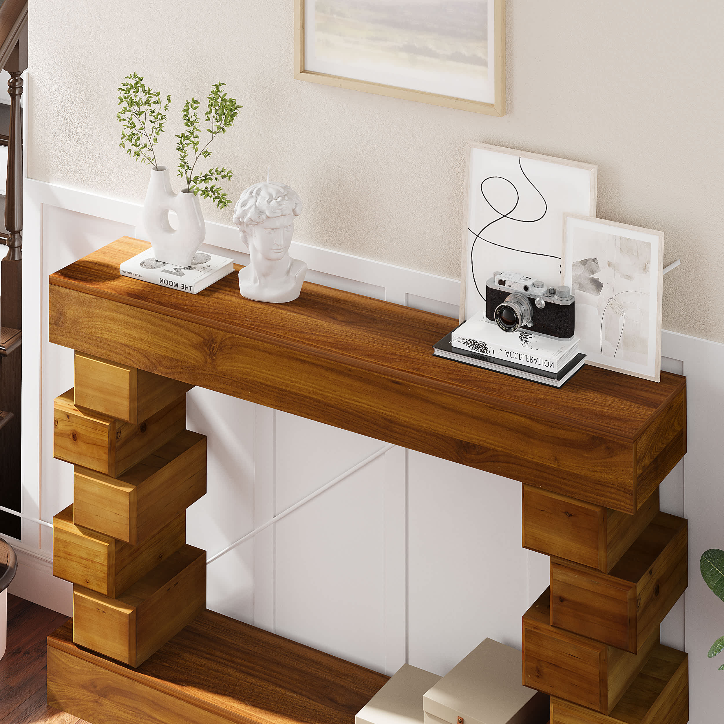 Vynxaria Geometric Block Stacked Wood Console Table Warm Natural Finish ...
