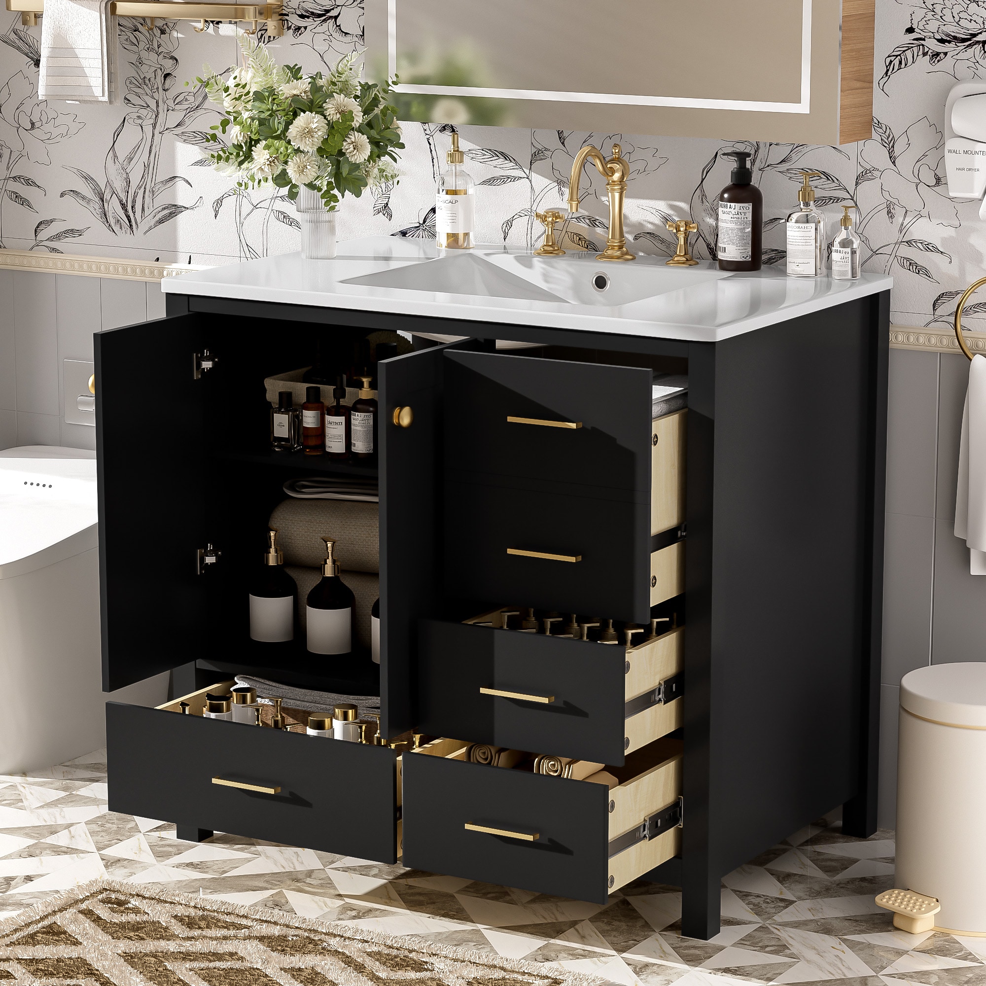 Tatayosi 36inch Black Bathroom Vanity with Ceramic Sink Combo Solid ...