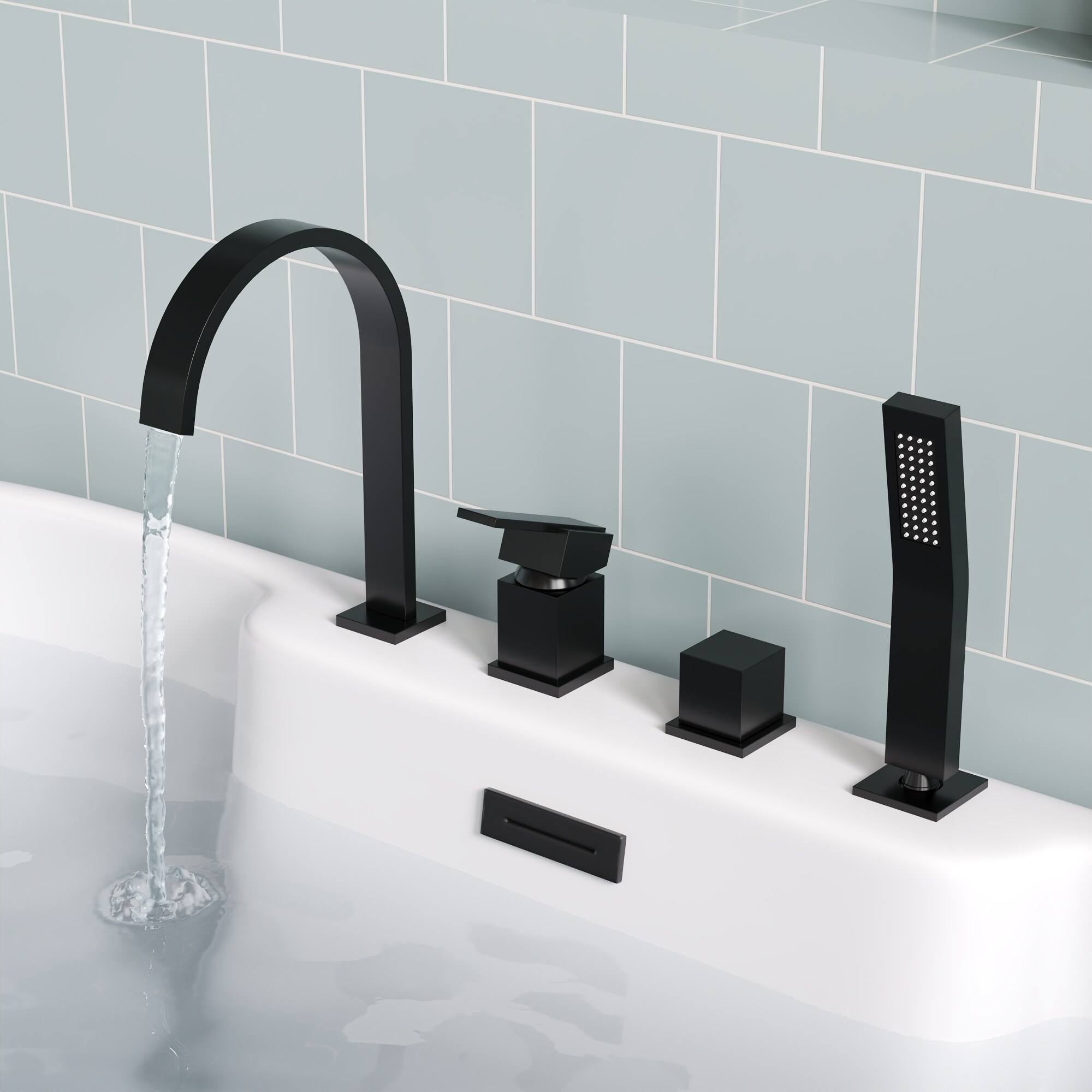 YAWWALK Matte Black 2 Handle Waterfall Roman Tub Faucet with Hand ...