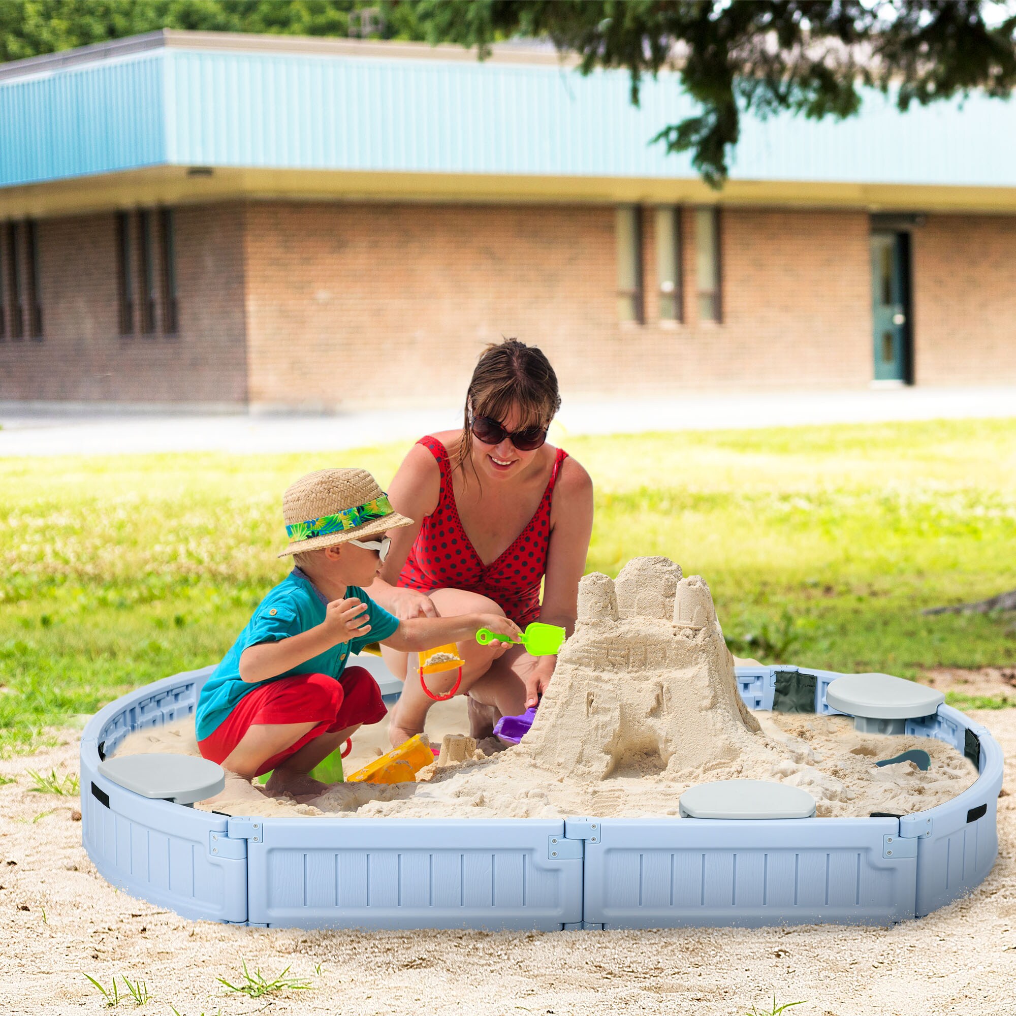Outsunny Kids Outdoor Sandbox with Cover Garden Bed with Corner Seat ...