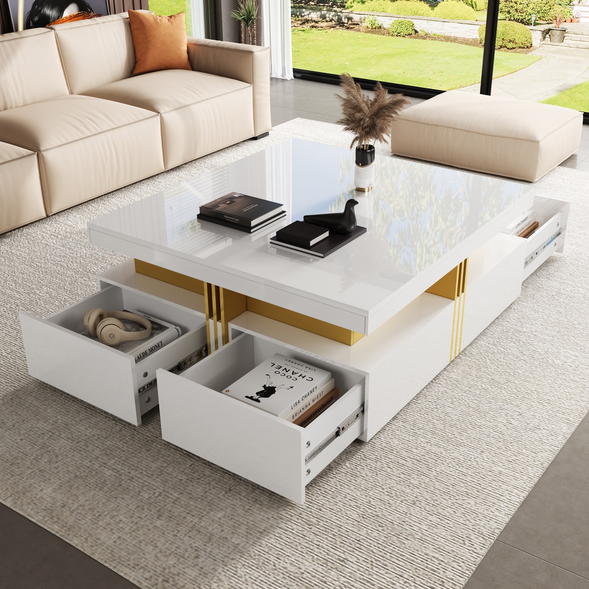 Qualler 43.3'' Modern Glossy Square Coffee Table 4 Drawers Storage ...