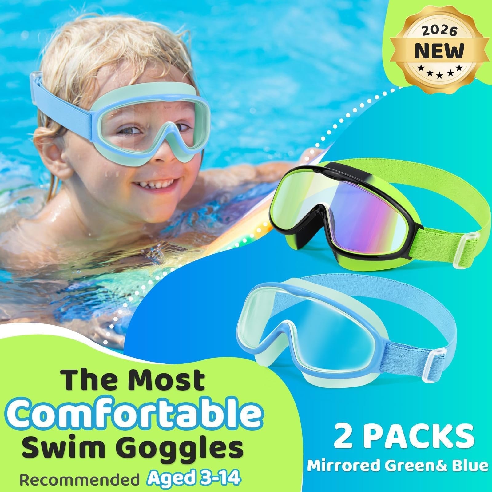 Adrinfly Kids Swim Goggles Wide View Anti Fog UV Protection No Leaking ...