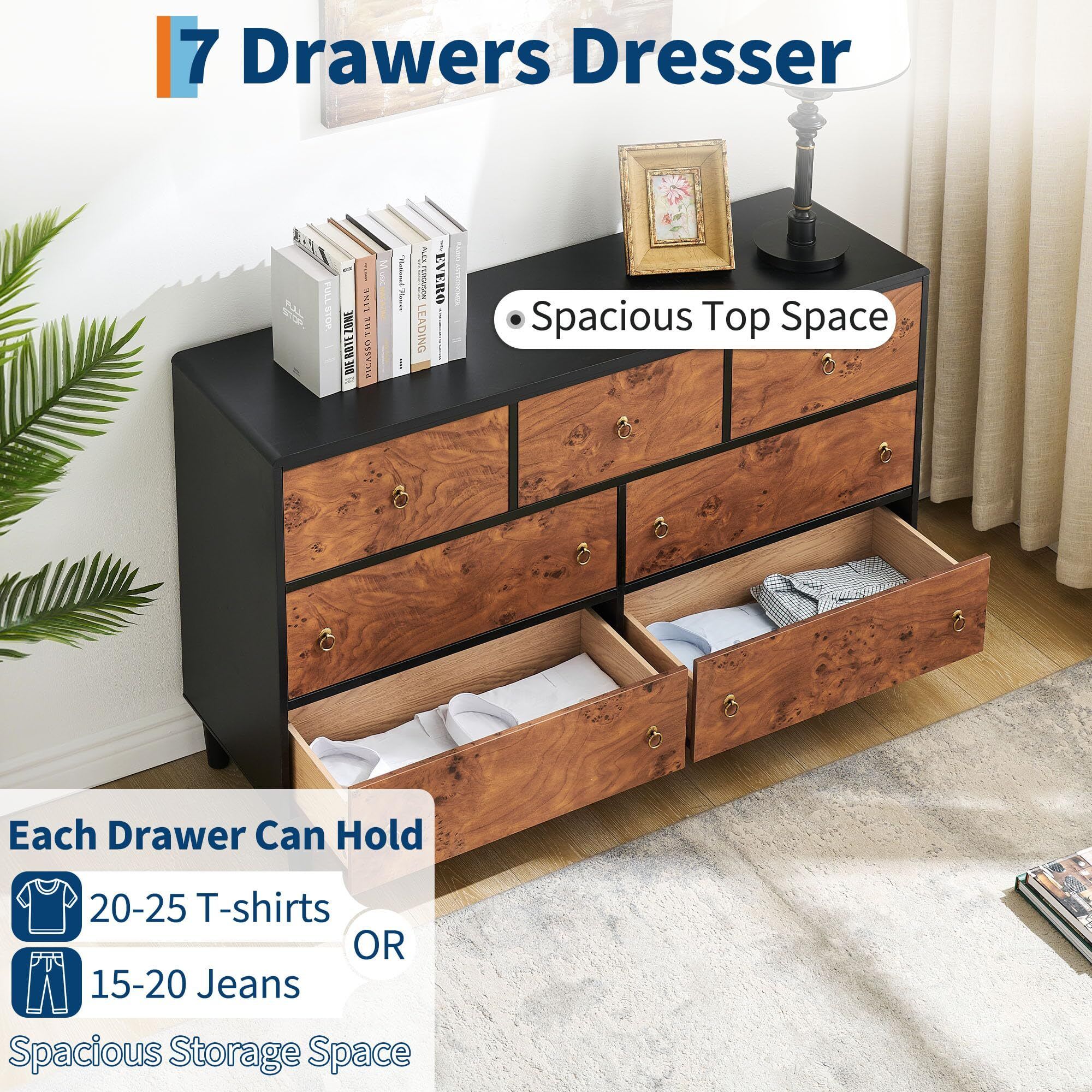 Garvee Modern 7 Drawers Dresser Space Saving Narrow Design with Curved ...