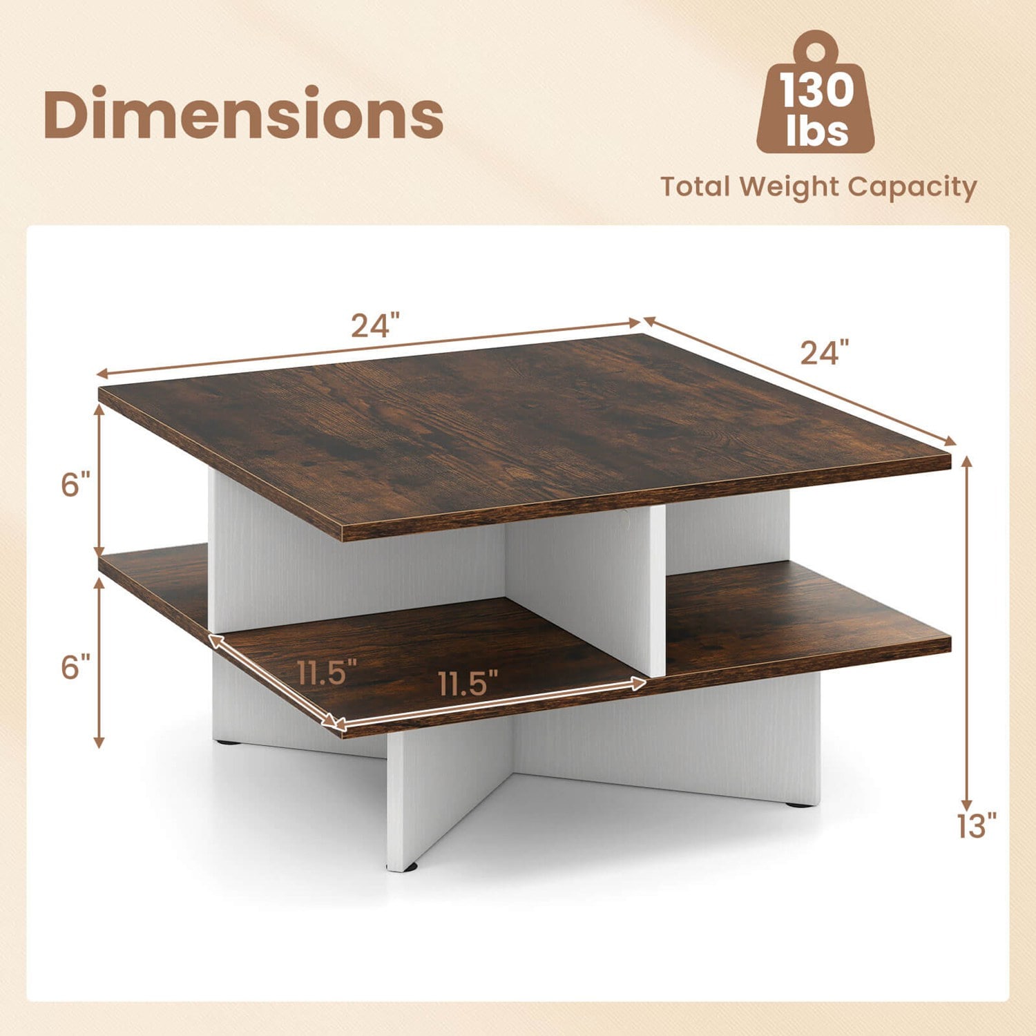 Costway 2-Tier Square Coffee Table Industrial Accent Cocktail Table ...
