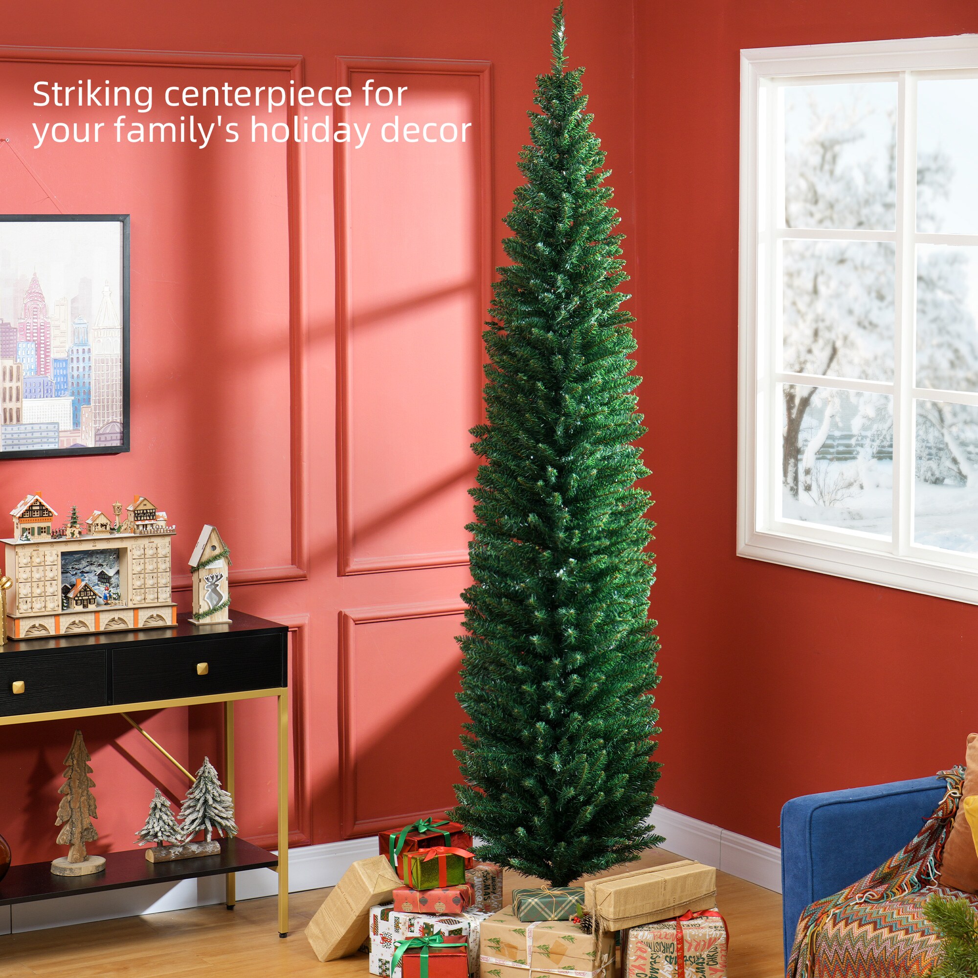 HomCom 8ft Artificial Pencil Christmas Tree Slim Xmas Tree with 618 ...