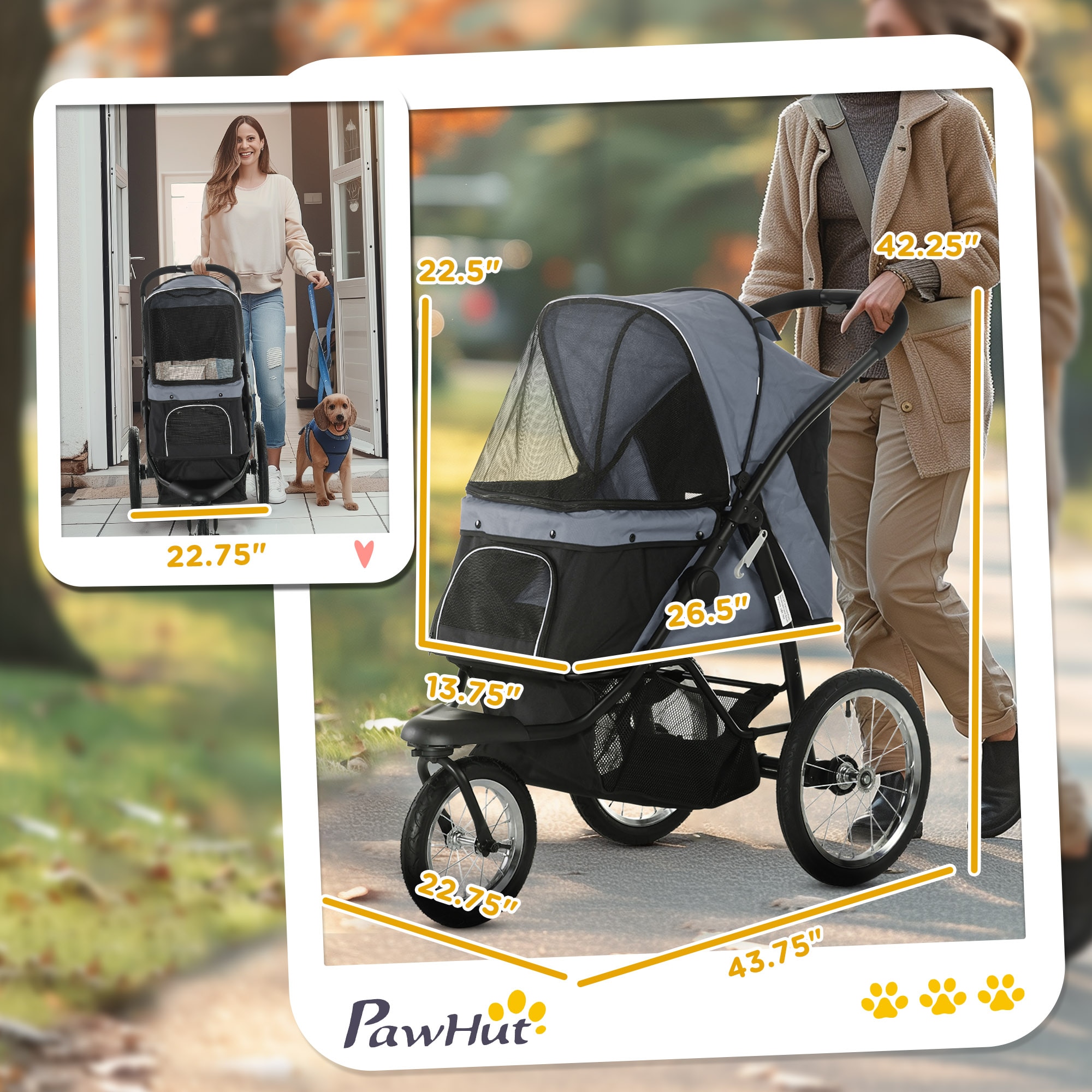 PawHut Pet Stroller for Small Dogs and Medium Dogs Foldable Cat Pram Dog Pushchair with ...