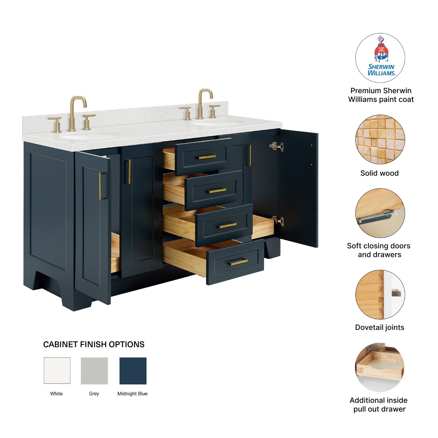 ARIEL Taylor 66-in Midnight Blue Undermount Double Sink Bathroom Vanity ...