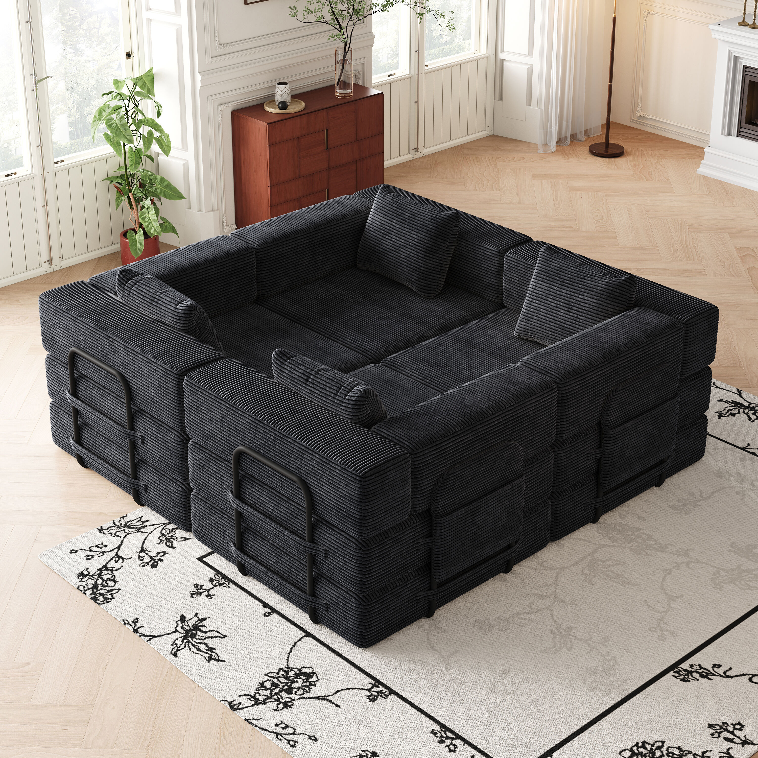 LOVMOR 4 Seat Convertible Compressed Sleeper Sofa Corduroy Black Couch ...