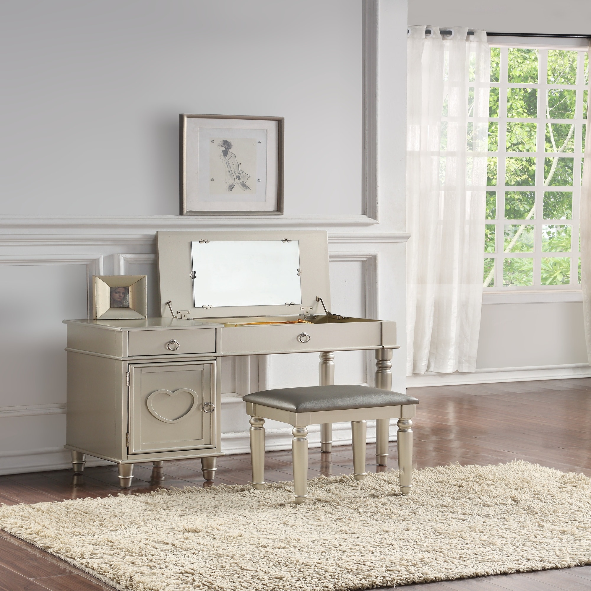 HyperDrop Cart Silver Bedroom Vanity Set with Stool/ Open-Up Mirror ...