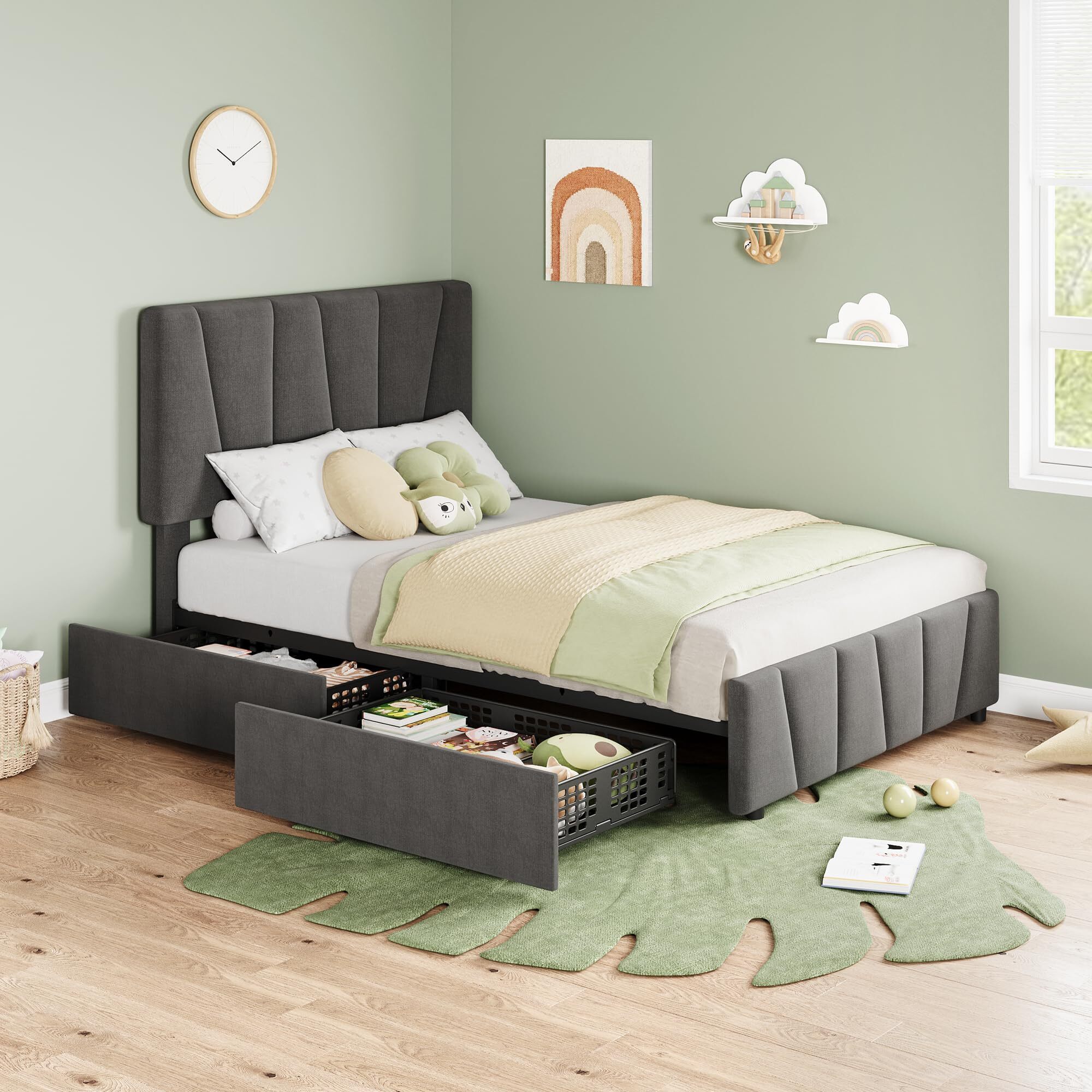Garvee Twin Dark Gray Bed Frame with Adjustable Headboard and 2 Storage ...