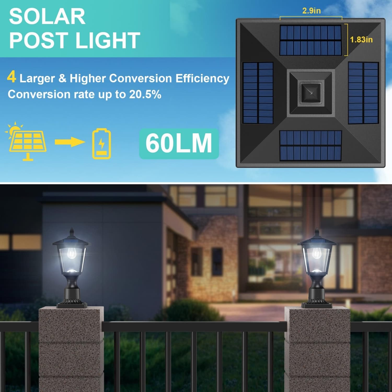 Angel Sar 6x6in Base 1-Light 6000K Cool White Outdoor Solar Post Light ...
