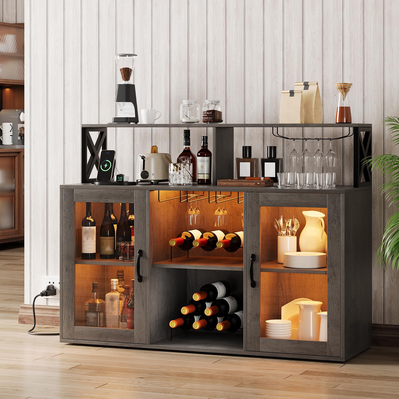 Garvee Wine Bar Cabinet Farmhouse Liquor Cabinet with Led Light and ...