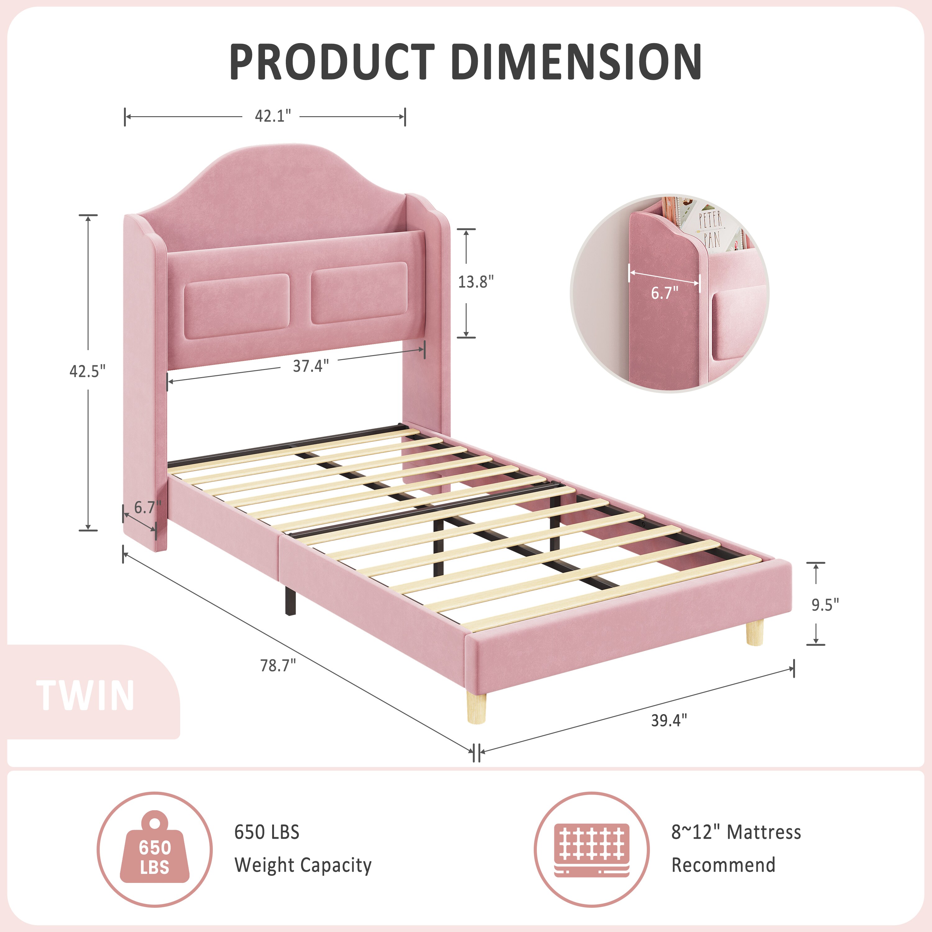 Garvee Pink Princess Twin Size Kids Upholstered Platform Bed Wingback ...