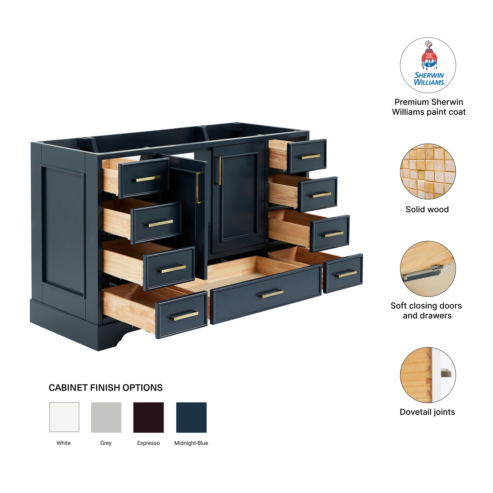 ARIEL Stafford 54-in Midnight Blue Bathroom Vanity Base Cabinet without ...