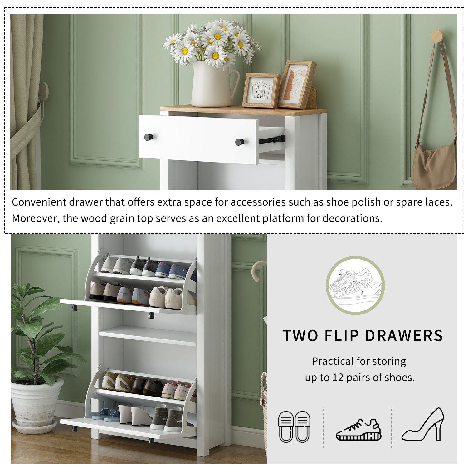 LOVMOR Functional Entryway Organizer with 2 Flip Drawers Wood Grain ...